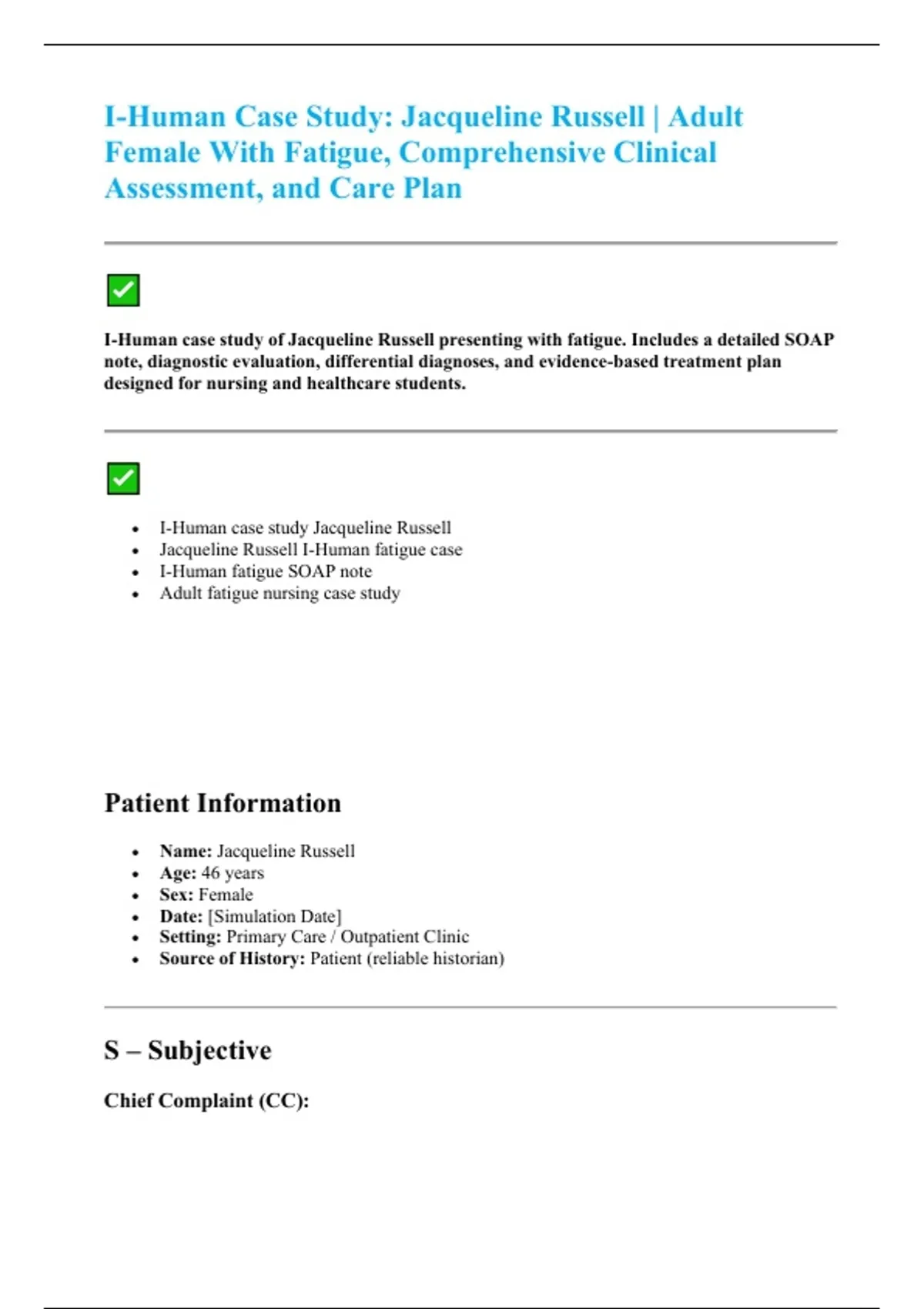 I-Human Case Study: Jacqueline Russell | Adult Female With Fatigue ...