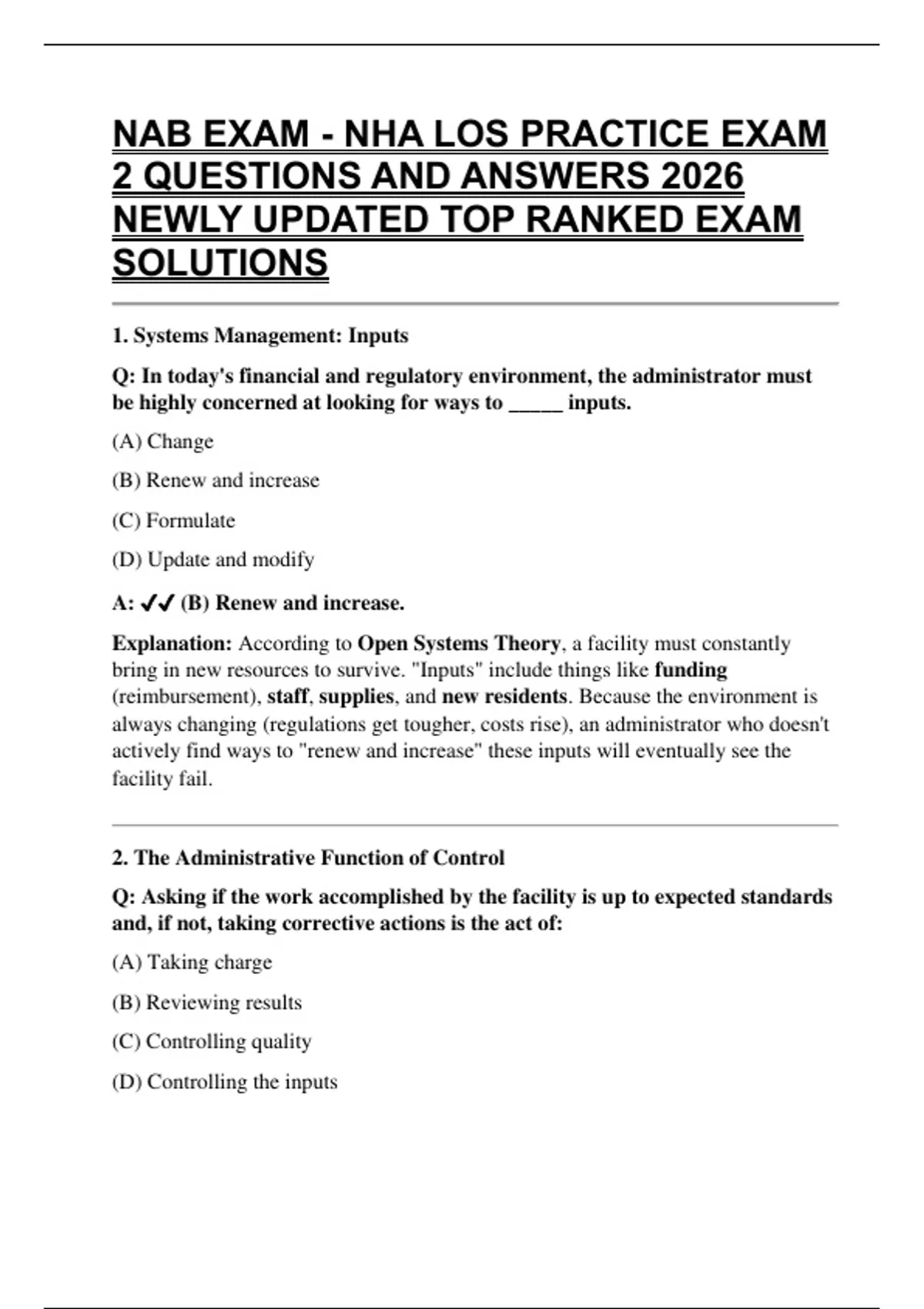 NAB EXAM - NHA LOS PRACTICE EXAM 2 QUESTIONS AND ANSWERS 2026 NEWLY ...