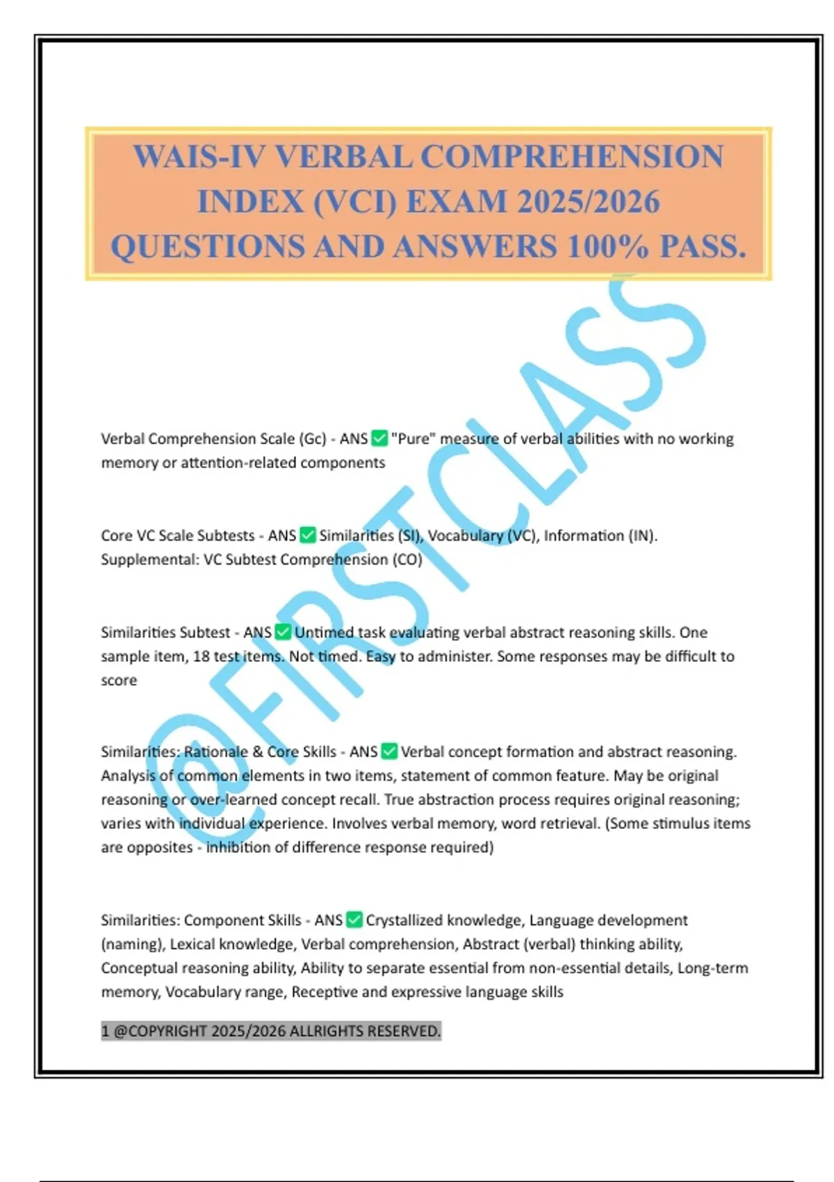 WAIS-IV VERBAL COMPREHENSION INDEX (VCI) EXAM 2025/2026 QUESTIONS AND ...