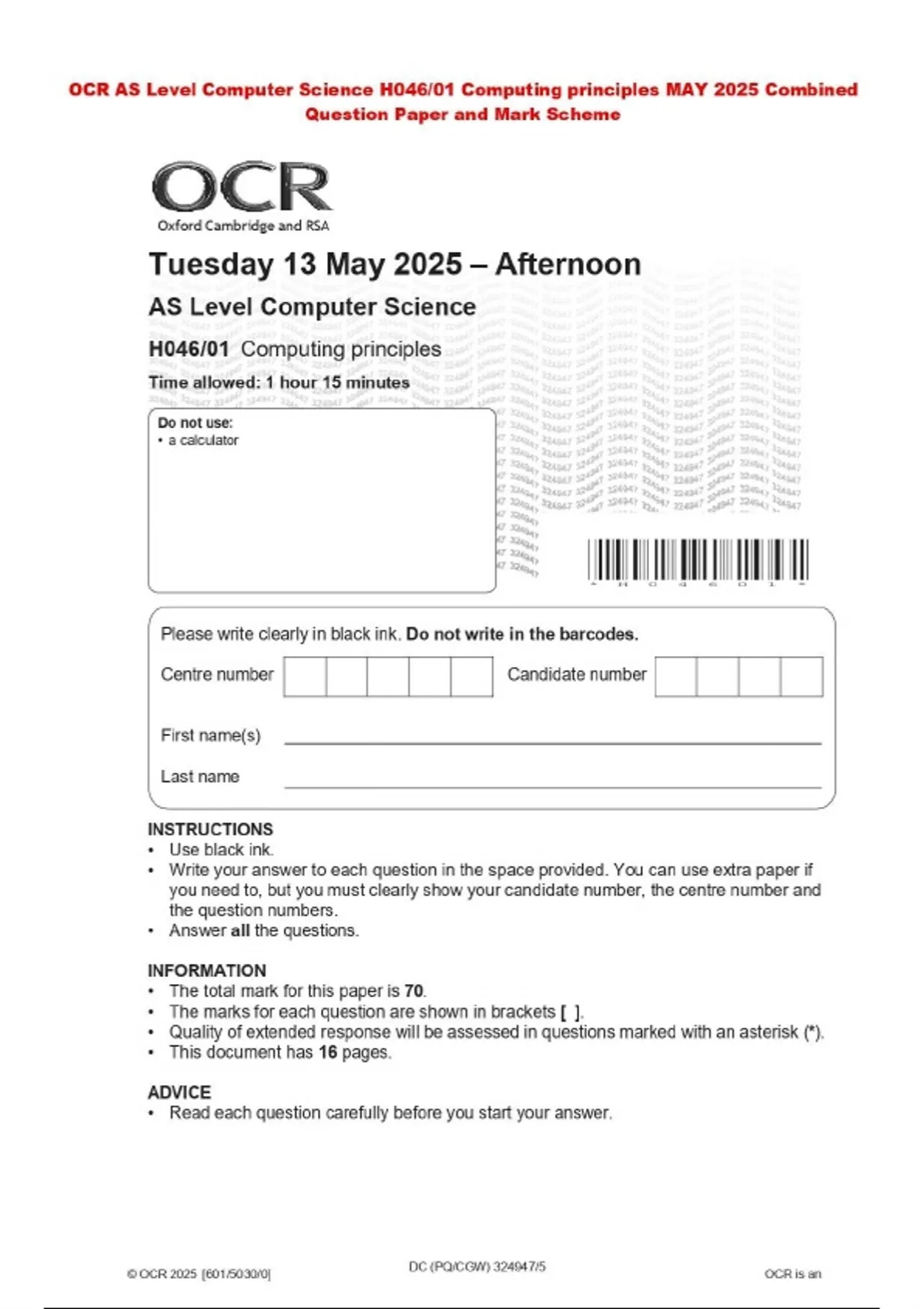OCR AS Level Computer Science H046/01 Computing principles MAY 2025 Combined Question Paper and ...
