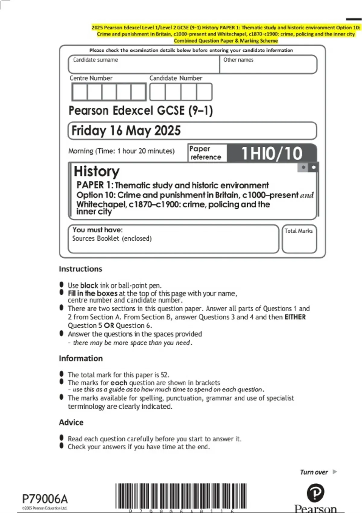 2025 Pearson Edexcel Level 1/Level 2 GCSE (9–1) History PAPER 1 ...