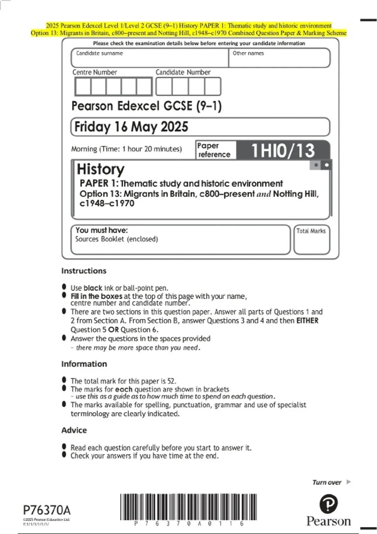 2025 Pearson Edexcel Level 1/Level 2 GCSE (9–1) History PAPER 1 ...
