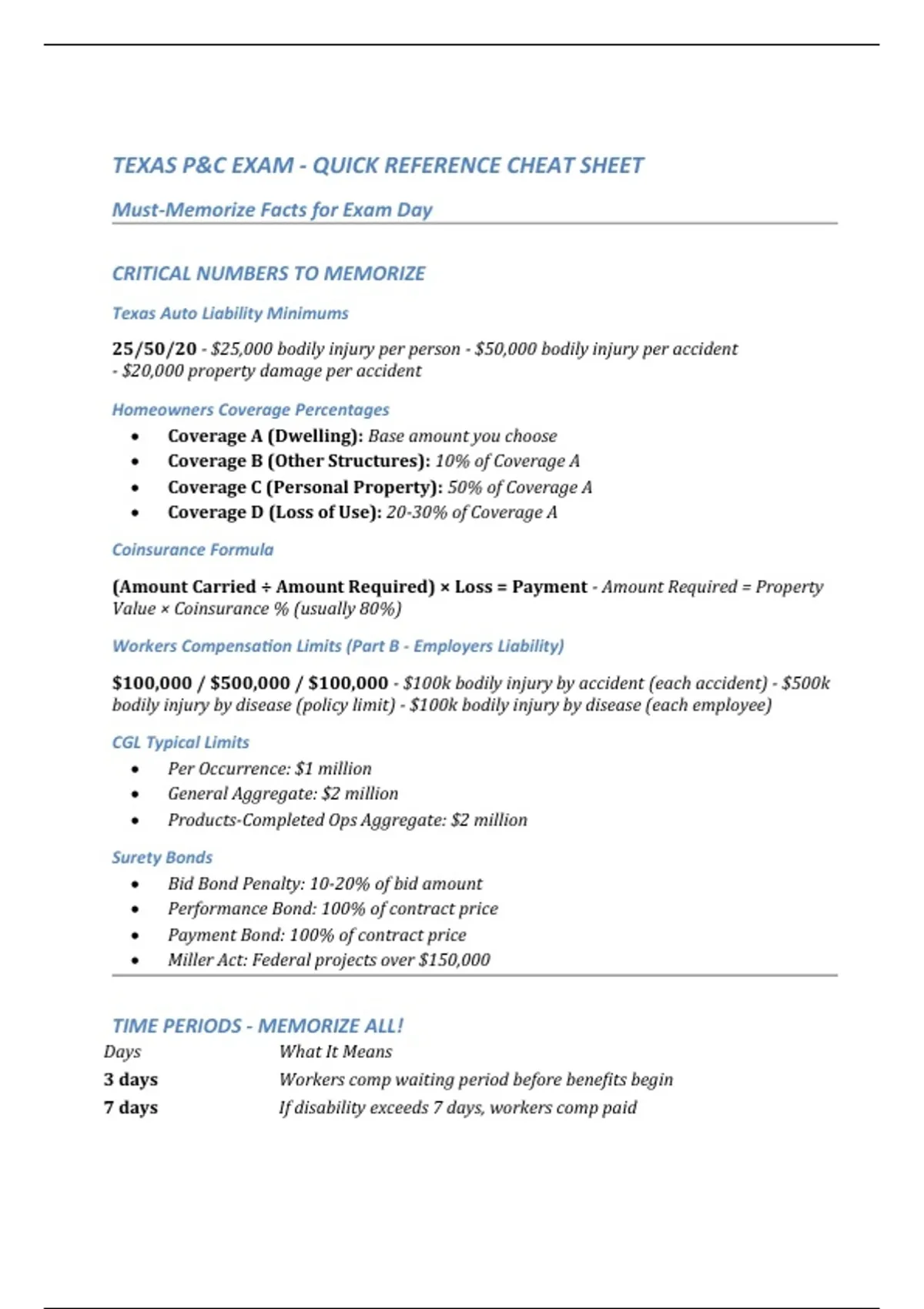 TEXAS Specific Property and Casualty - CHEAT SHEET - Property and ...