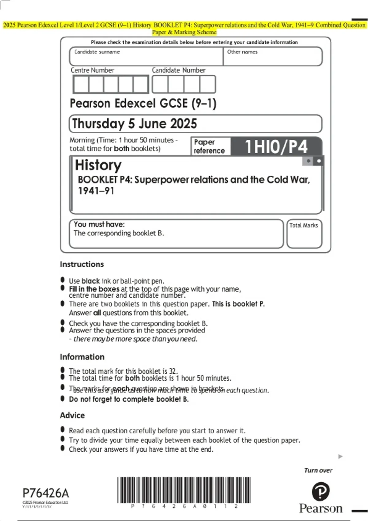 2025 Pearson Edexcel Level 1/Level 2 GCSE (9–1) History BOOKLET P4 ...