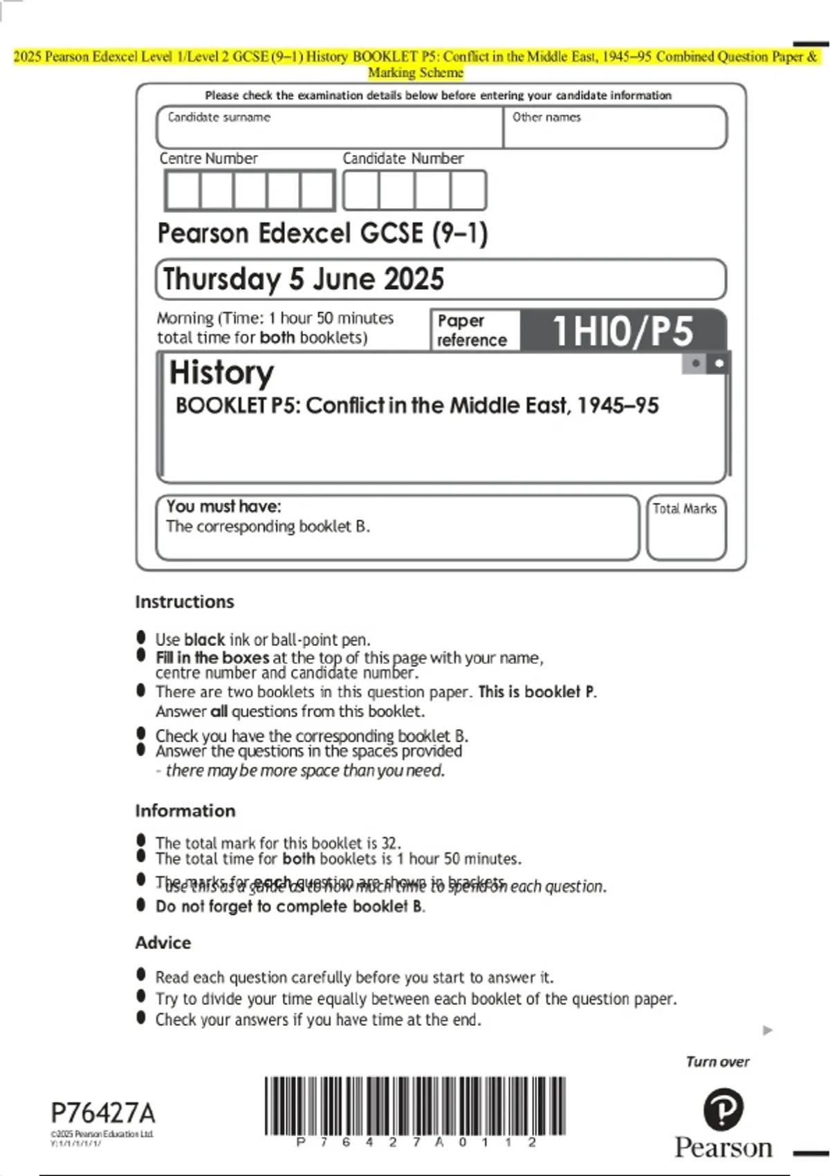 2025 Pearson Edexcel Level 1/Level 2 GCSE (9–1) History BOOKLET P5 ...