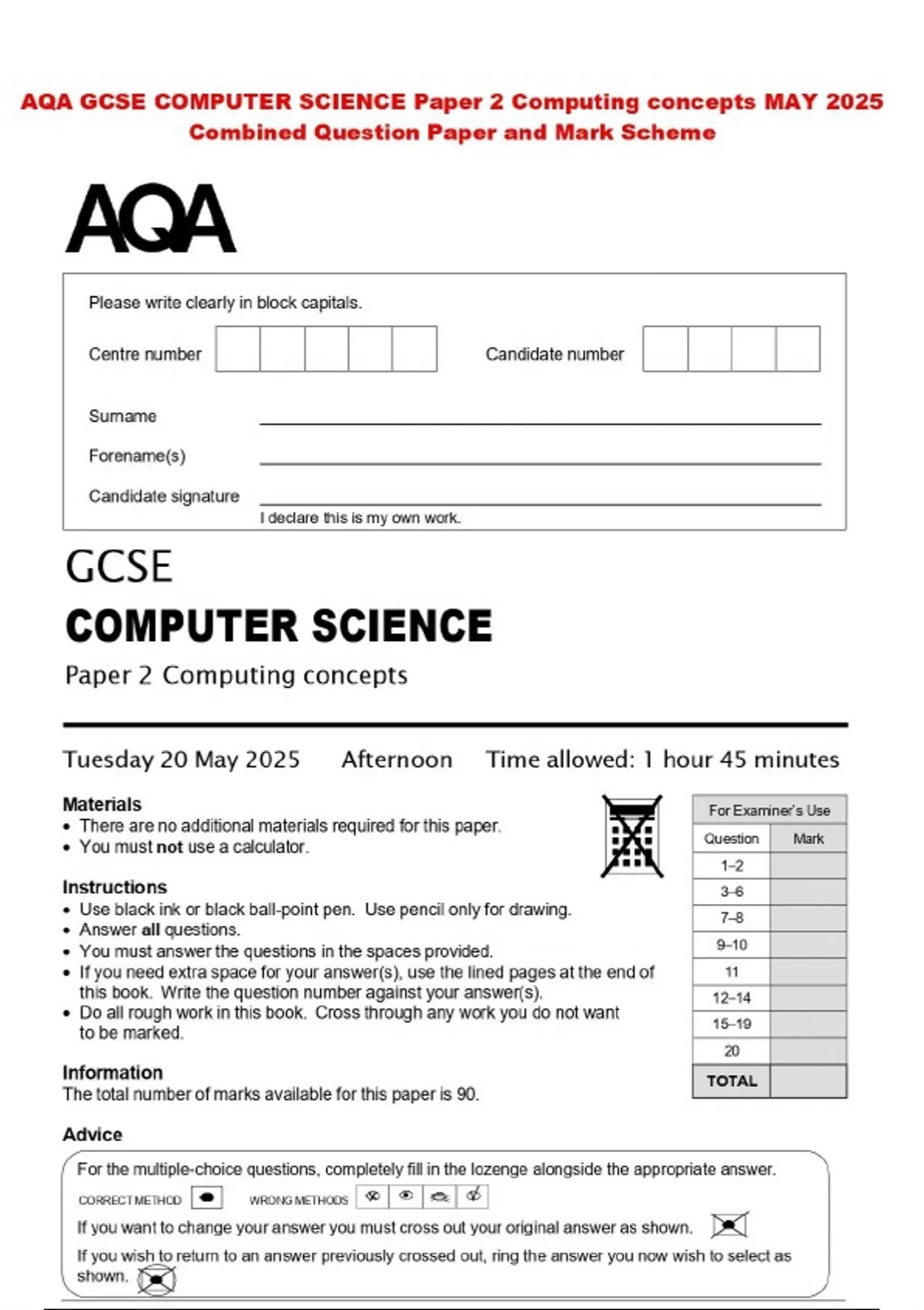 AQA GCSE COMPUTER SCIENCE Paper 2 Computing concepts MAY 2025 Combined ...