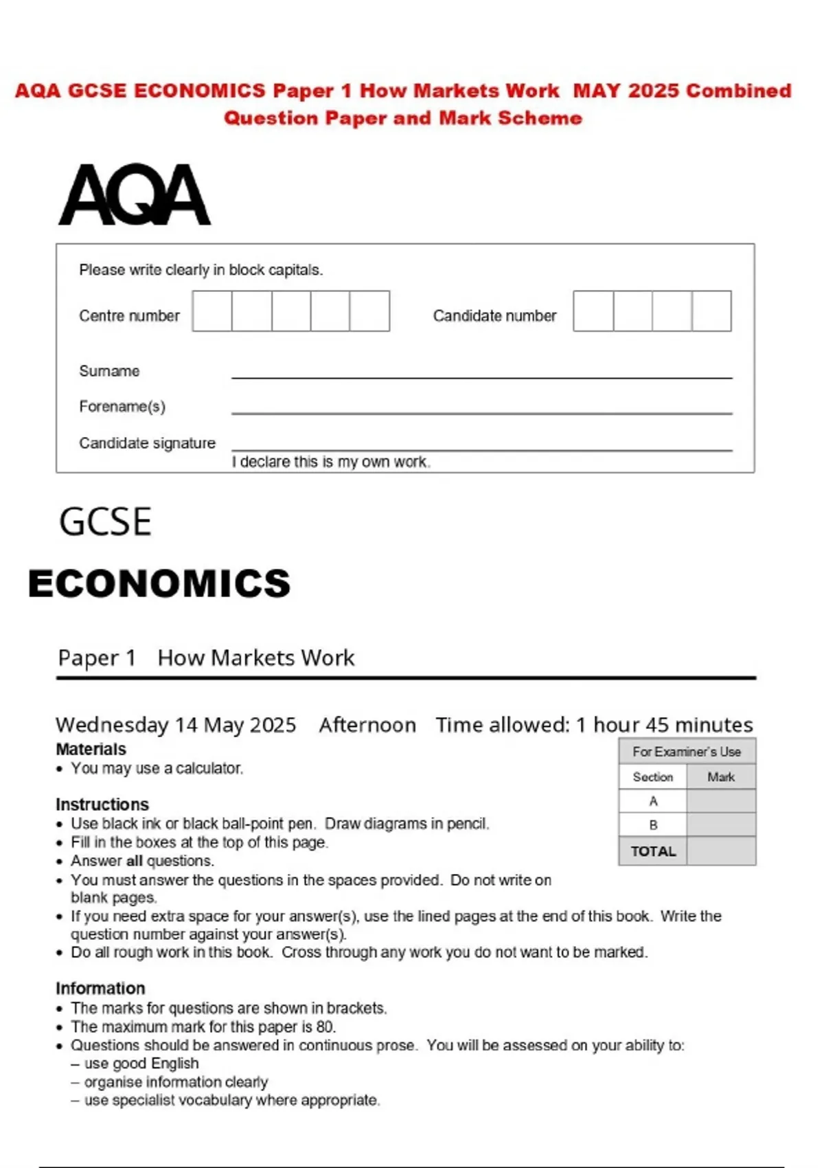 AQA GCSE ECONOMICS Paper 1 How Markets Work MAY 2025 Combined Question ...