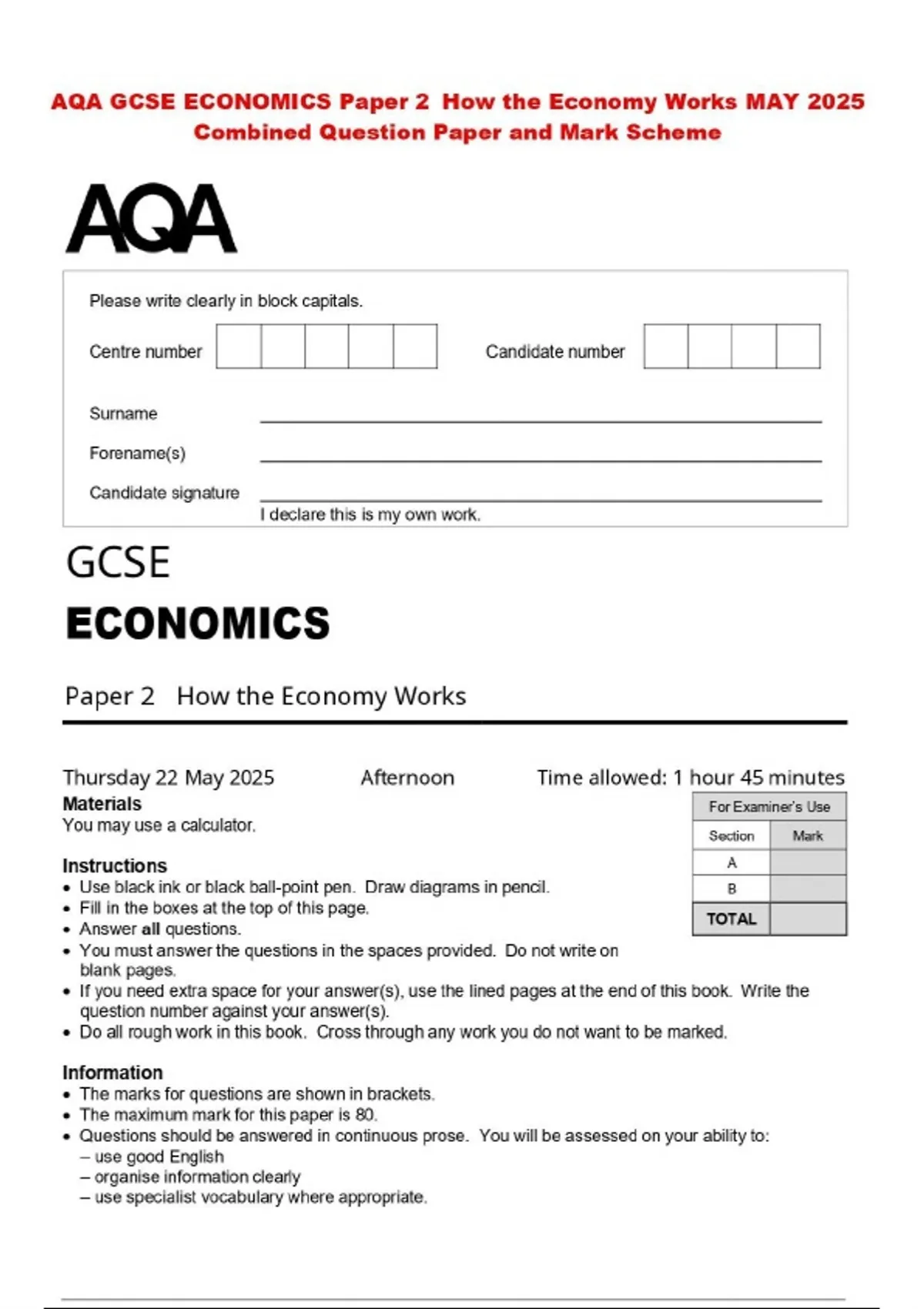 AQA GCSE ECONOMICS Paper 2 How the Economy Works MAY 2025 Combined ...