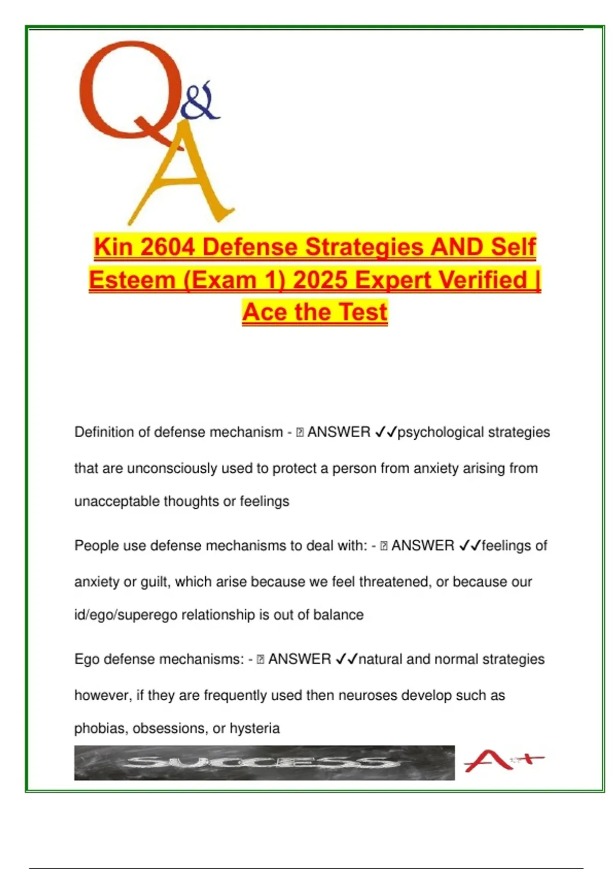 KIN 2604 | Defense Mechanisms & Self-Esteem | Exam Prep | 50 Q&A ...