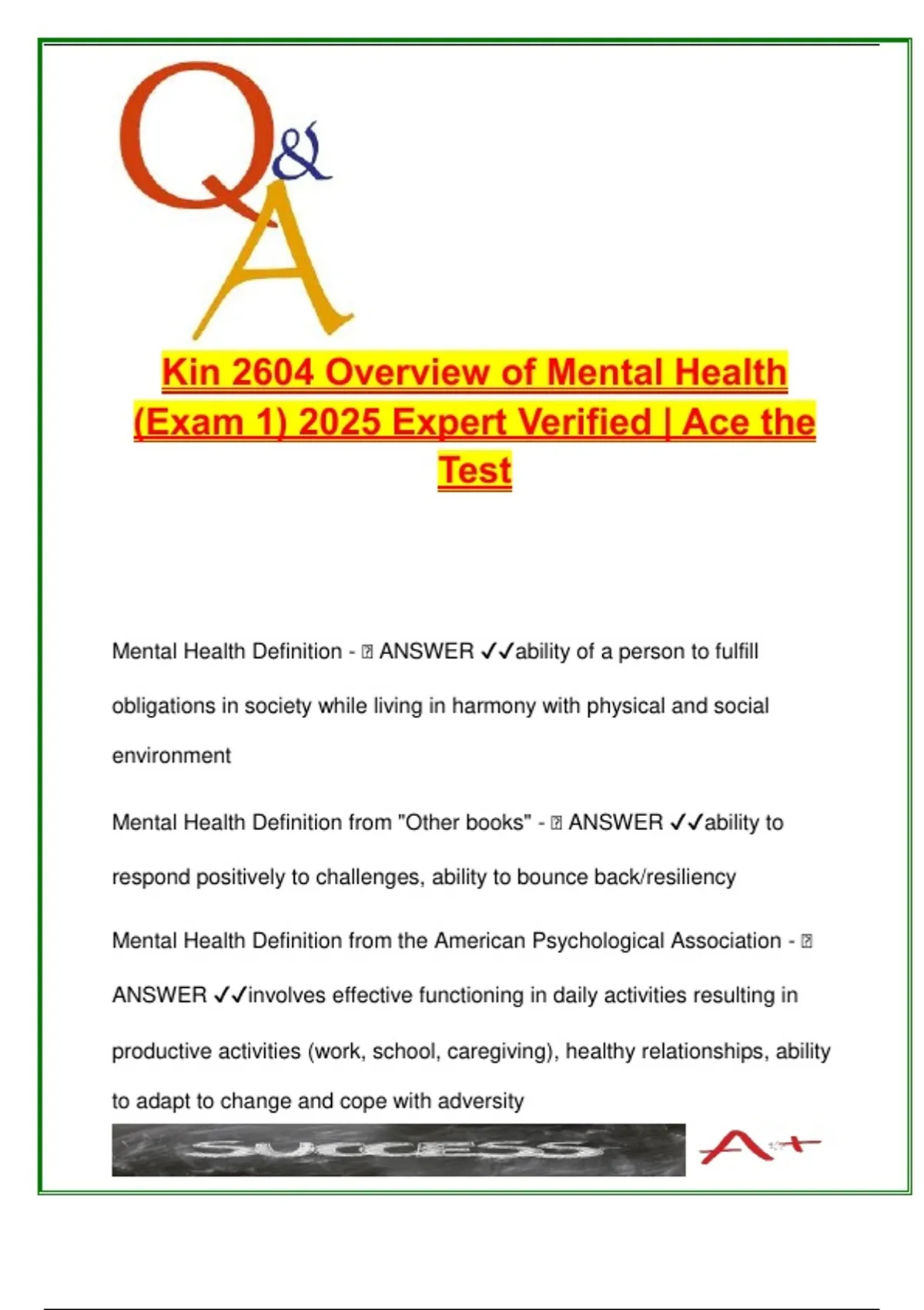 KIN 2604 | Overview of Mental Health | Exam Prep | 40 Q&A | Definitions ...