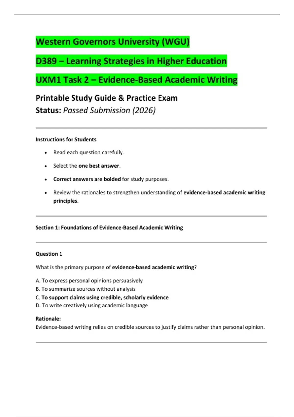 (WGU) D389 – Learning Strategies in Higher Education UXM1 Task 2 ...