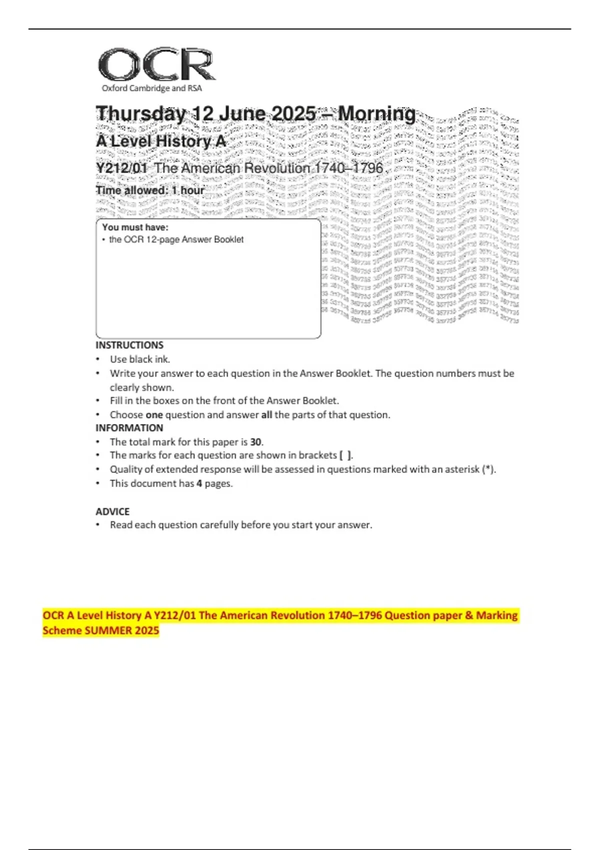 OCR A Level History A Y212/01 The American Revolution 1740–1796 ...