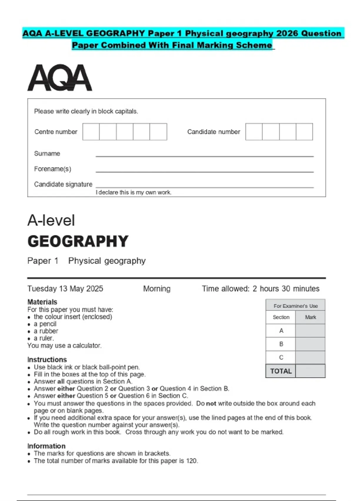AQA A-LEVEL GEOGRAPHY Paper 1 Physical geography 2026 Question Paper ...