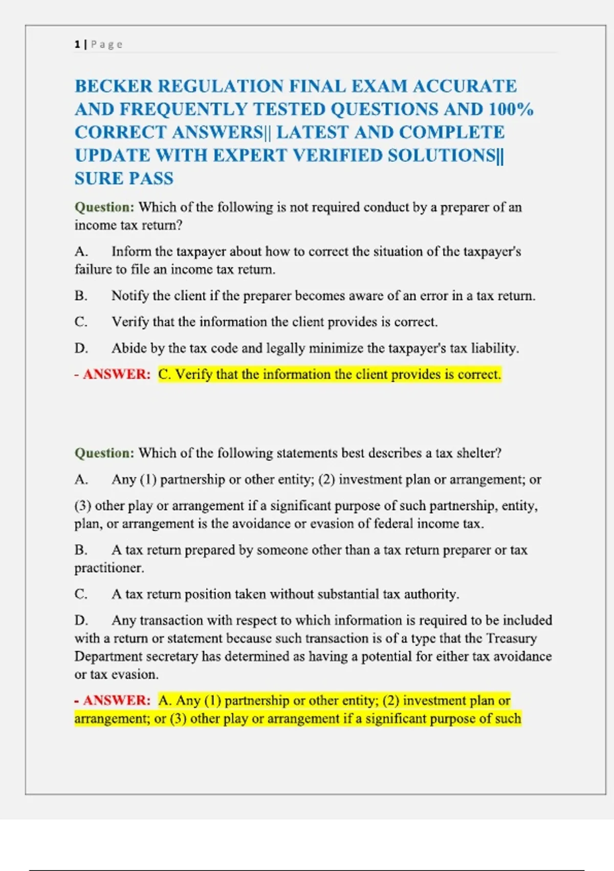 BECKER REGULATION FINAL EXAM ACCURATE AND FREQUENTLY TESTED QUESTIONS ...