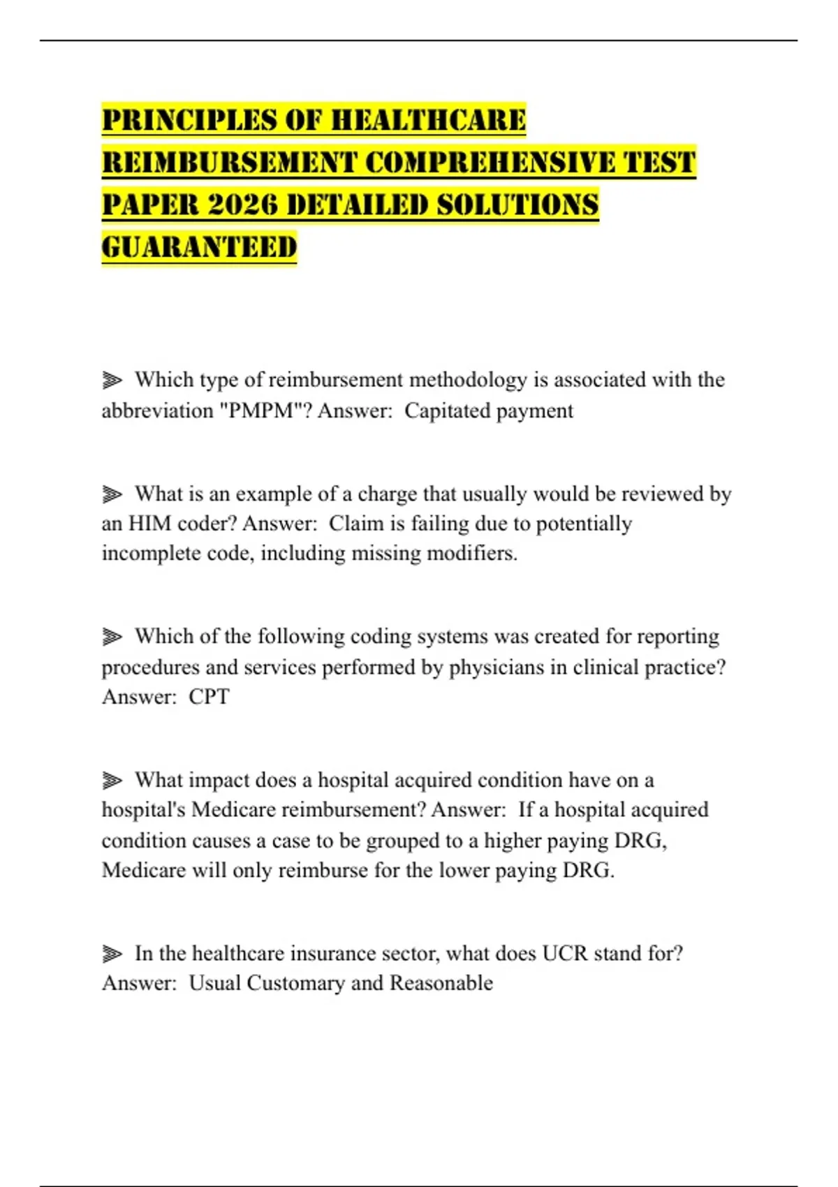 PRINCIPLES OF HEALTHCARE REIMBURSEMENT COMPREHENSIVE TEST PAPER 2026 ...