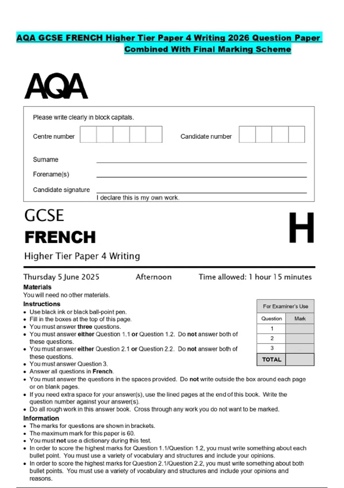 AQA GCSE FRENCH Higher Tier Paper 4 Writing 2026 Question Paper ...