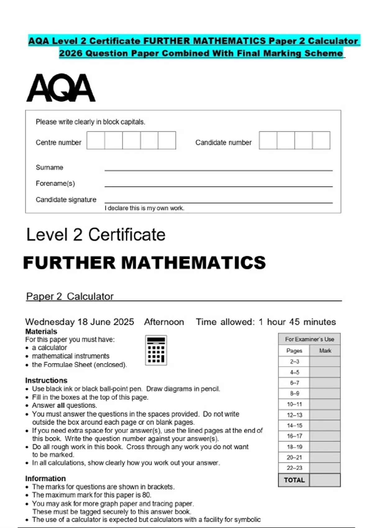 AQA Level 2 Certificate FURTHER MATHEMATICS Paper 2 Calculator 2026 ...