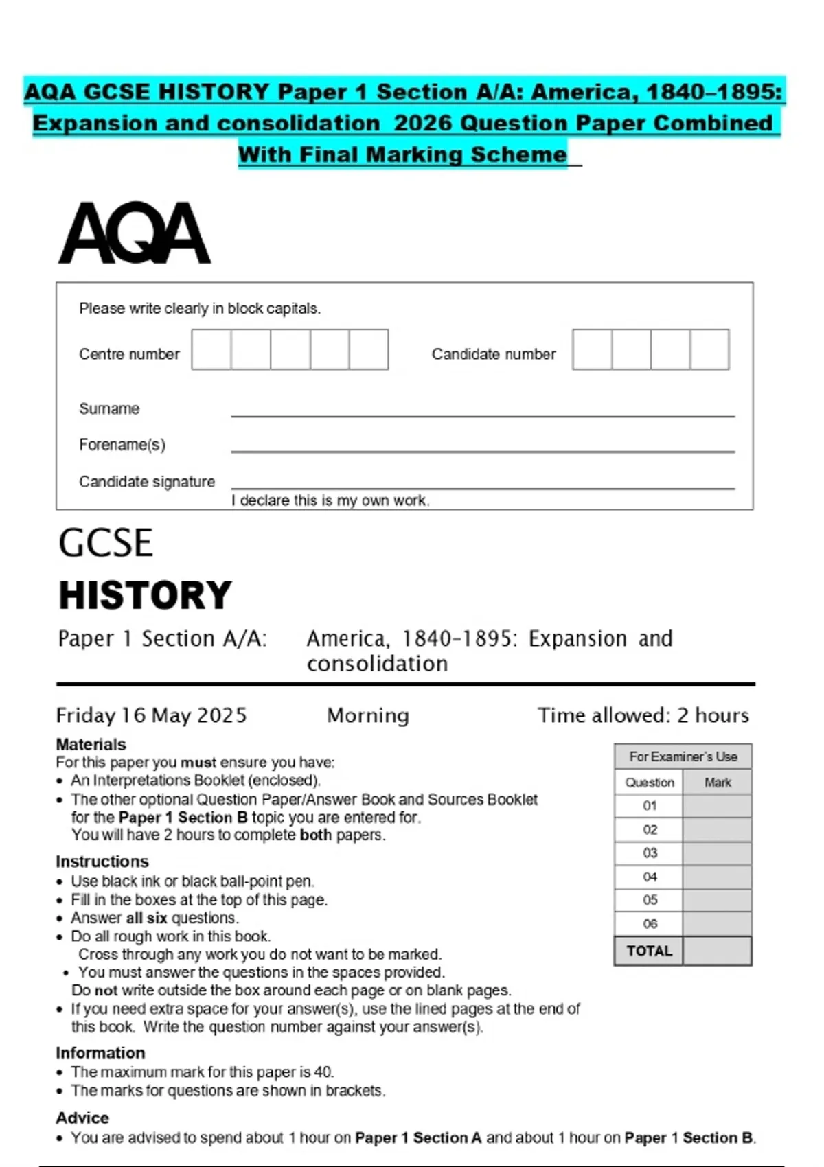 AQA GCSE HISTORY Paper 1 Section A/A: America, 1840–1895: Expansion and ...