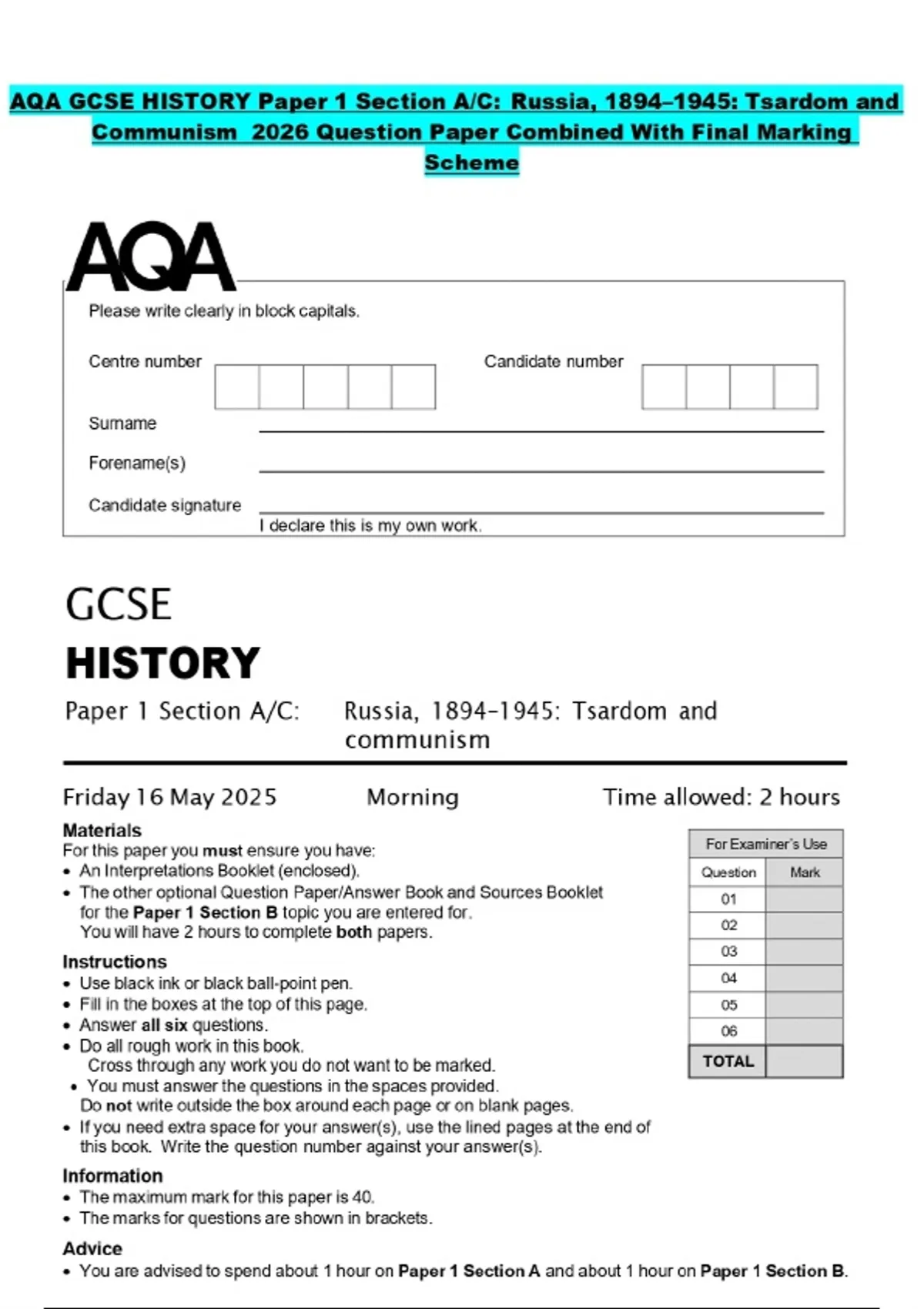 AQA GCSE HISTORY Paper 1 Section A/C: Russia, 1894–1945: Tsardom and ...