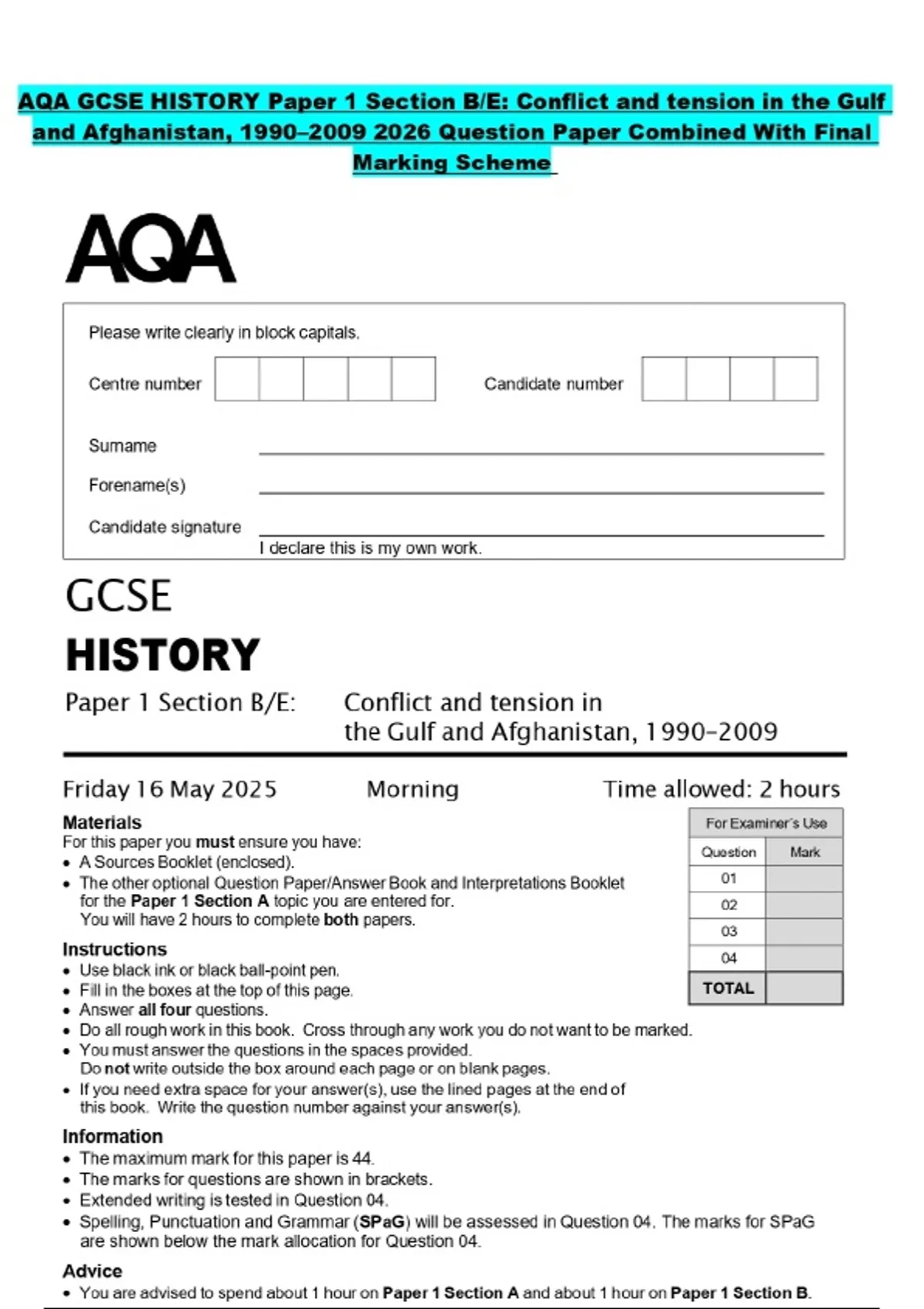 AQA GCSE HISTORY Paper 1 Section B/E: Conflict and tension in the Gulf ...