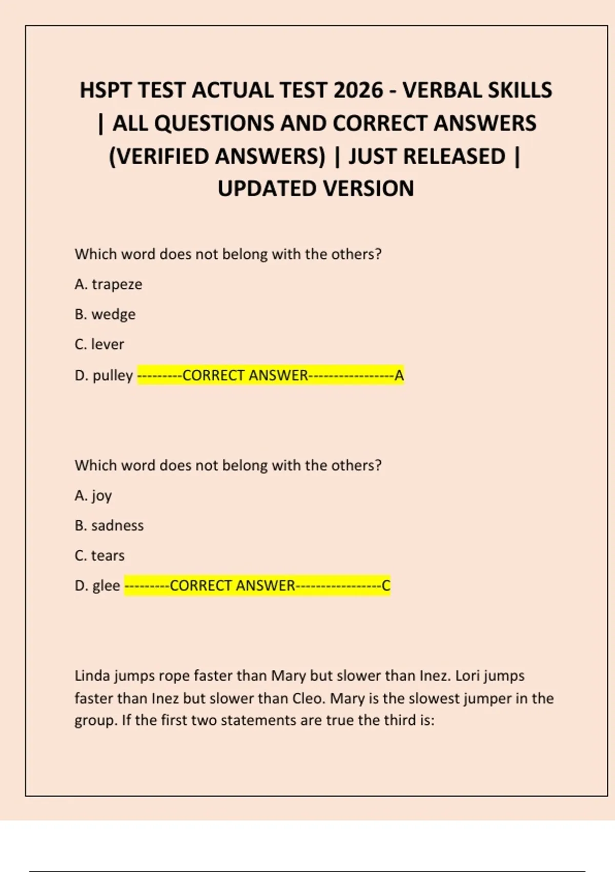 HSPT TEST ACTUAL TEST 2026 - VERBAL SKILLS | ALL QUESTIONS AND CORRECT ...