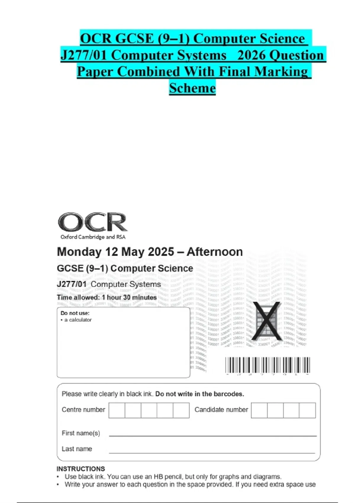 OCR GCSE (9–1) Computer Science J277/01 Computer Systems 2026 Question Paper Combined With Final ...