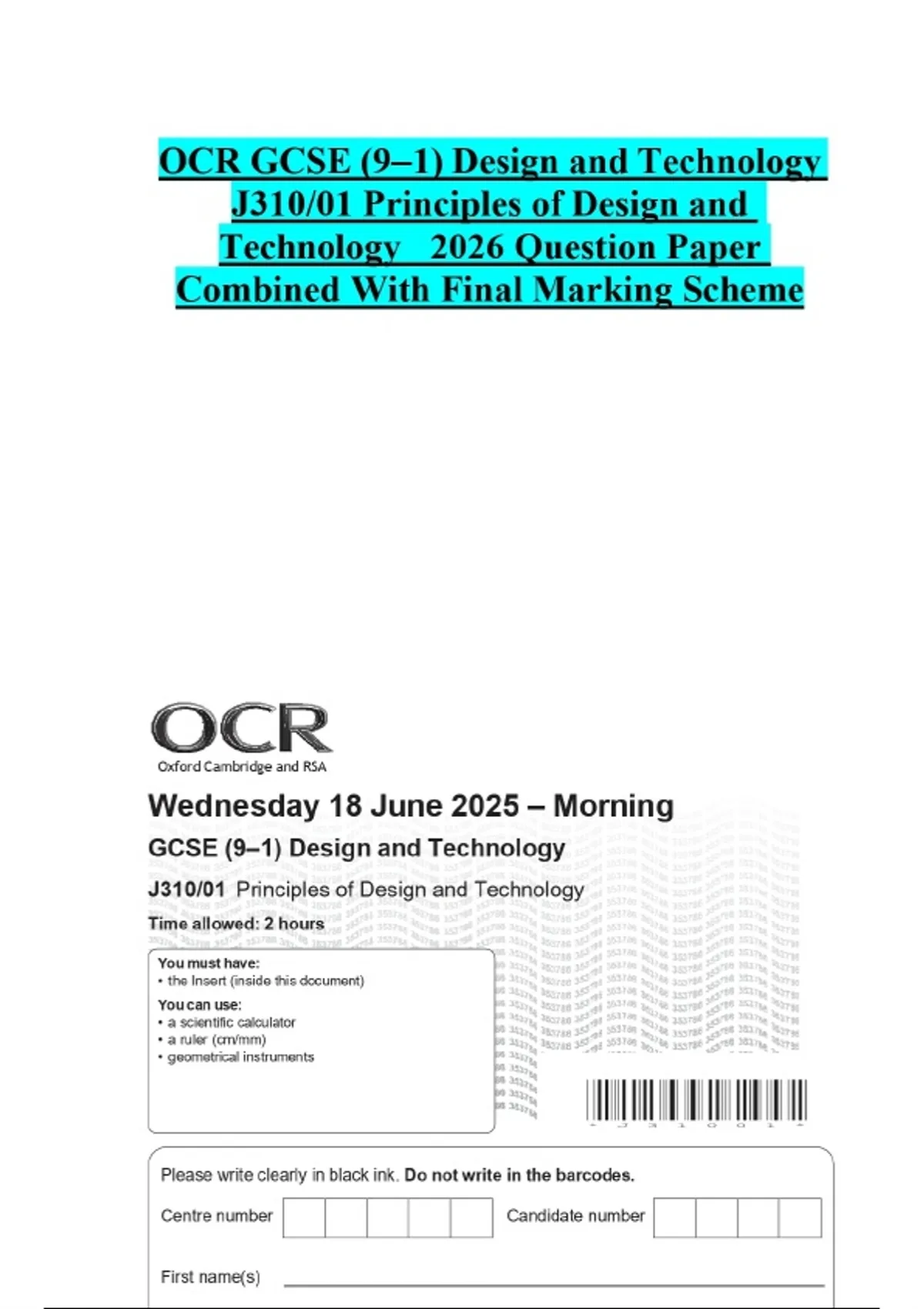 OCR GCSE (9–1) Design and Technology J310/01 Principles of Design and ...