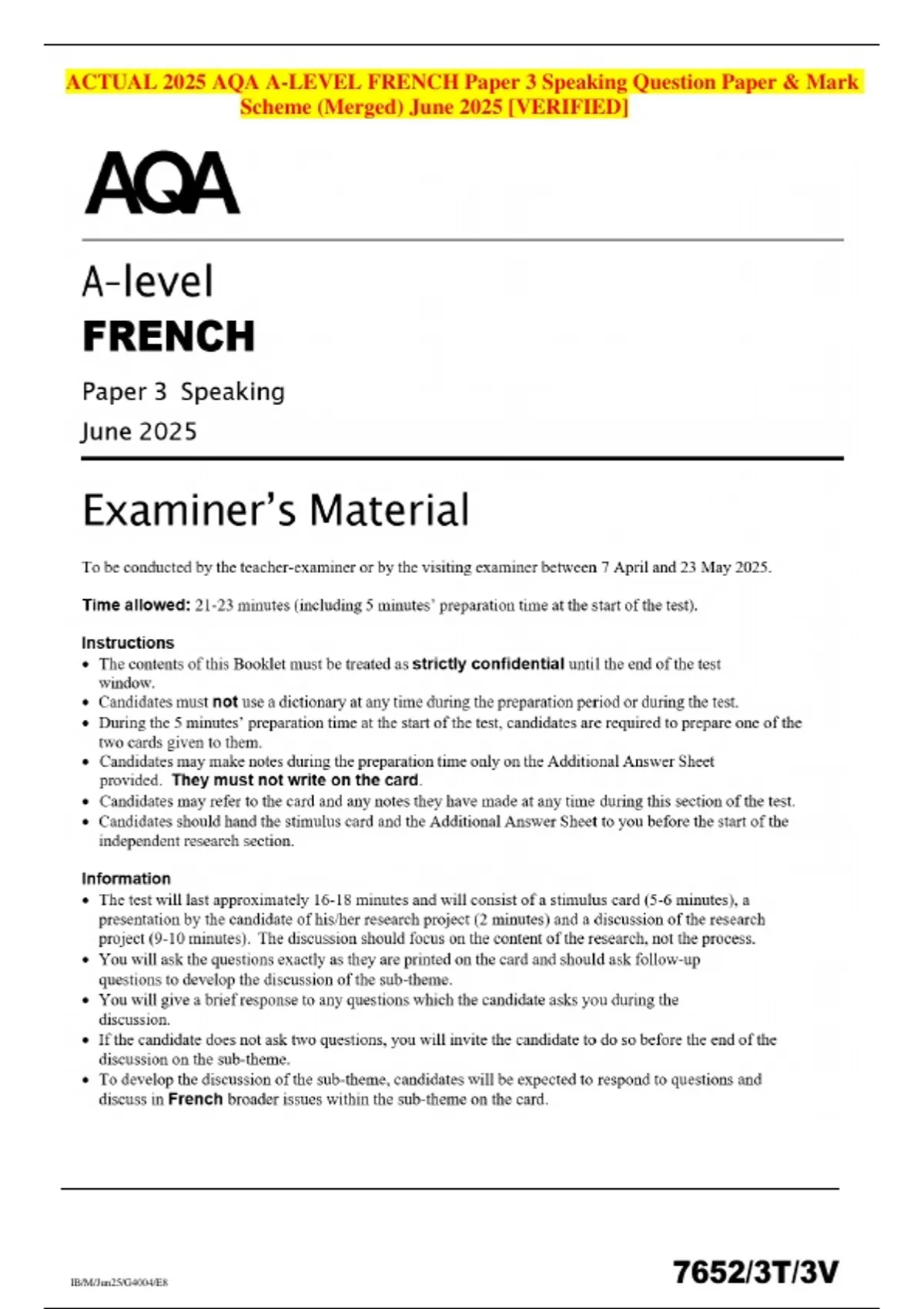ACTUAL 2025 AQA A-LEVEL FRENCH Paper 3 Speaking Question Paper & Mark ...