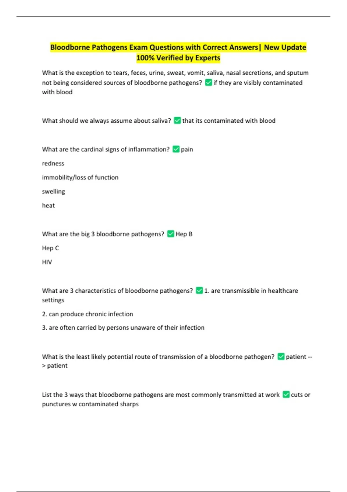 Bloodborne Pathogens Exam Questions with Correct Answers - Bloodborne ...