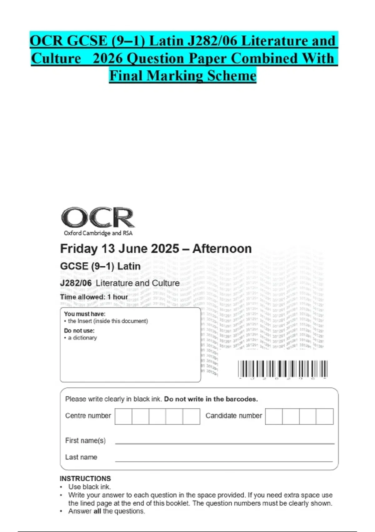 OCR GCSE (9–1) Latin J282/06 Literature and Culture 2026 Question Paper ...