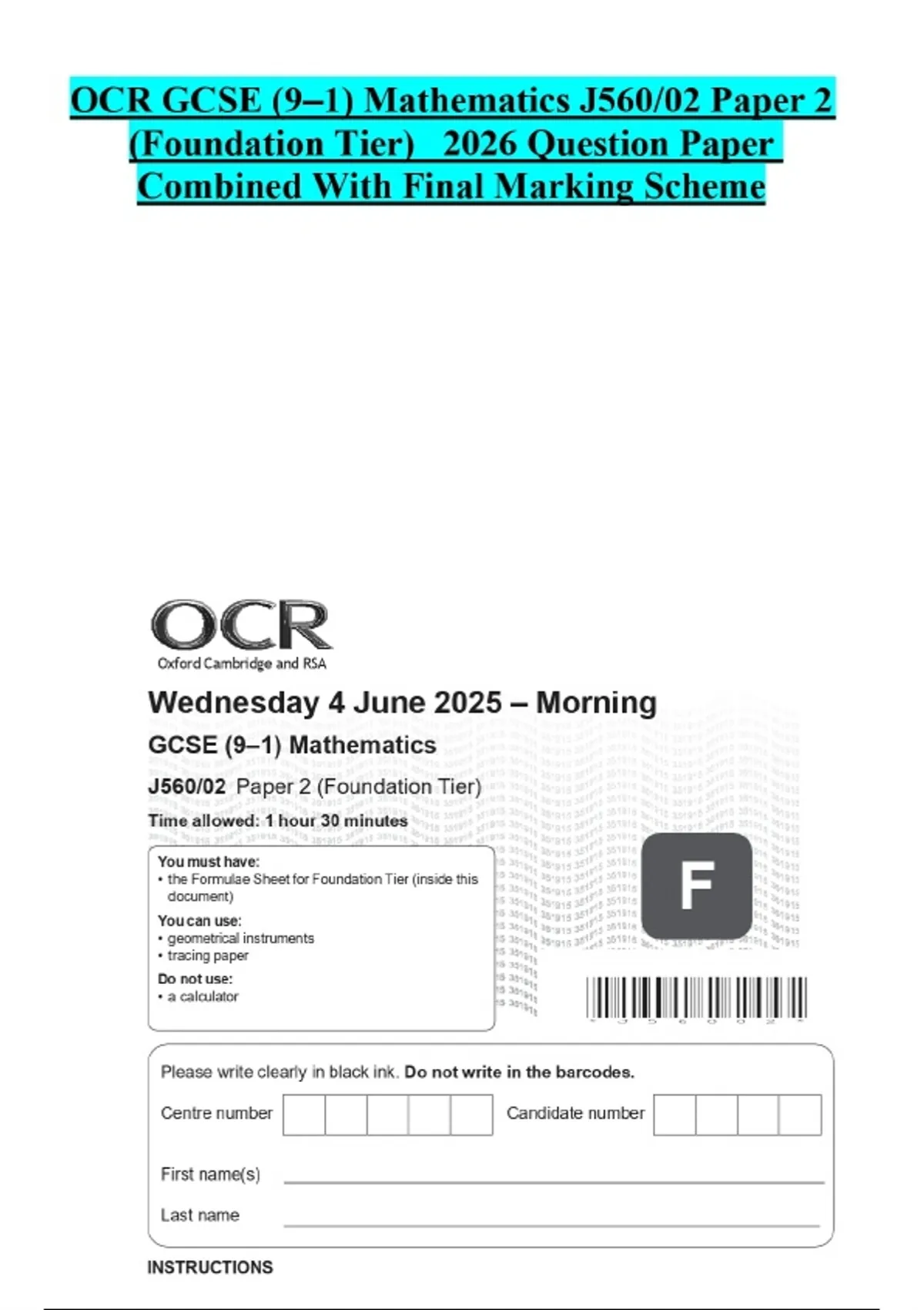 OCR GCSE (9–1) Mathematics J560/02 Paper 2 (Foundation Tier) 2026 ...