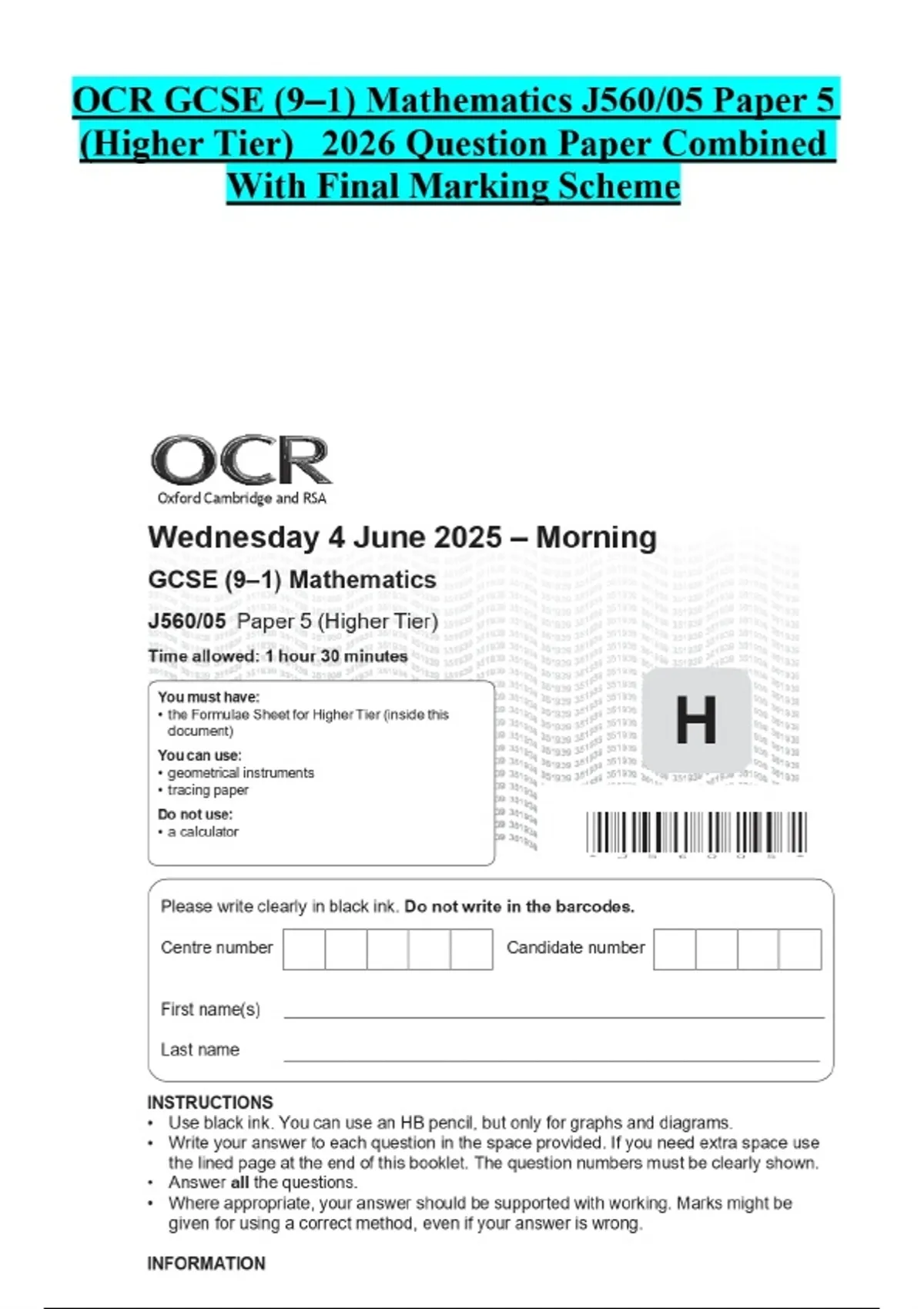 OCR GCSE (9–1) Mathematics J560/05 Paper 5 (Higher Tier) 2026 Question ...