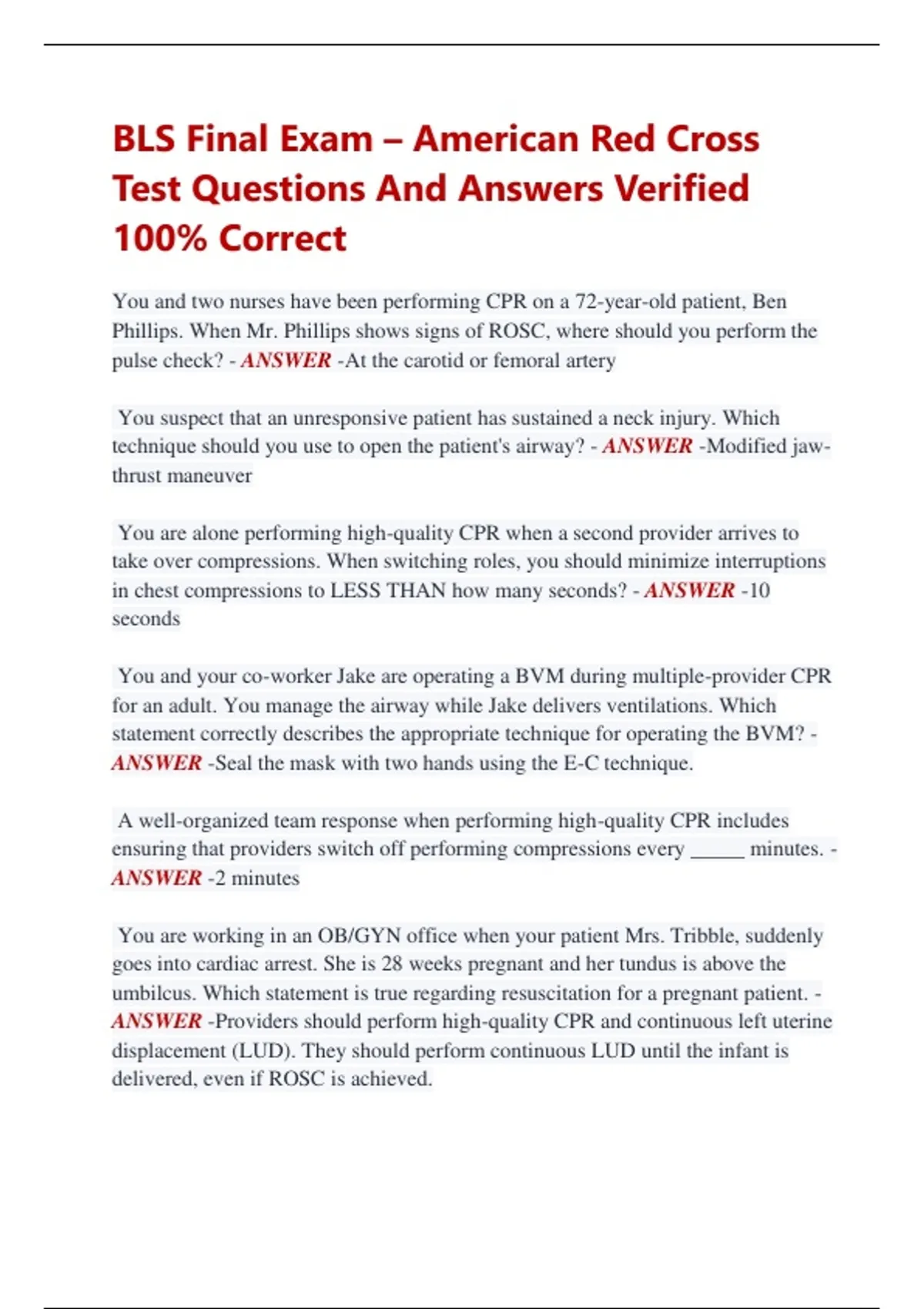 BLS Final Exam – American Red Cross Test Questions And Answers Verified ...