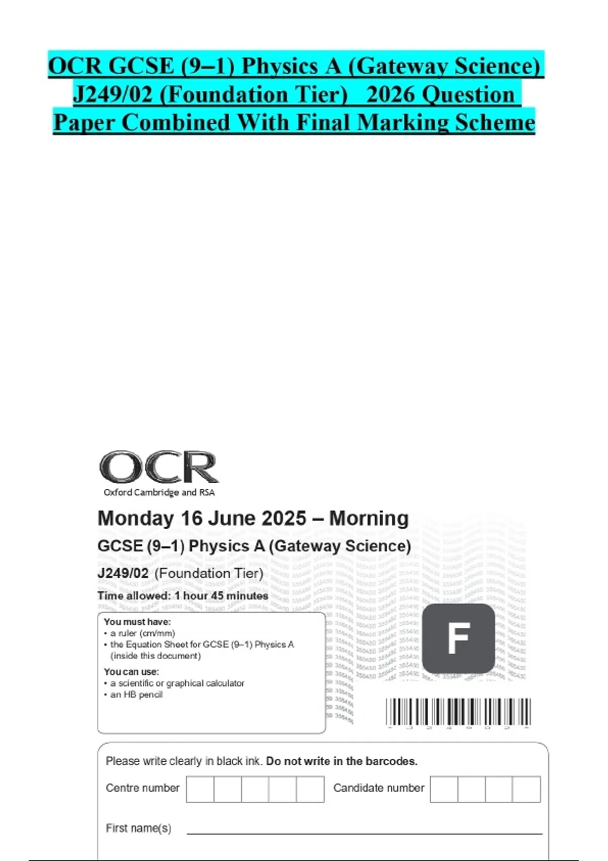OCR GCSE (9–1) Physics A (Gateway Science) J249/02 (Foundation Tier ...