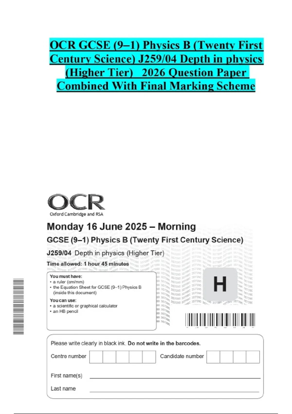 OCR GCSE (9–1) Physics B (Twenty First Century Science) J259/04 Depth ...