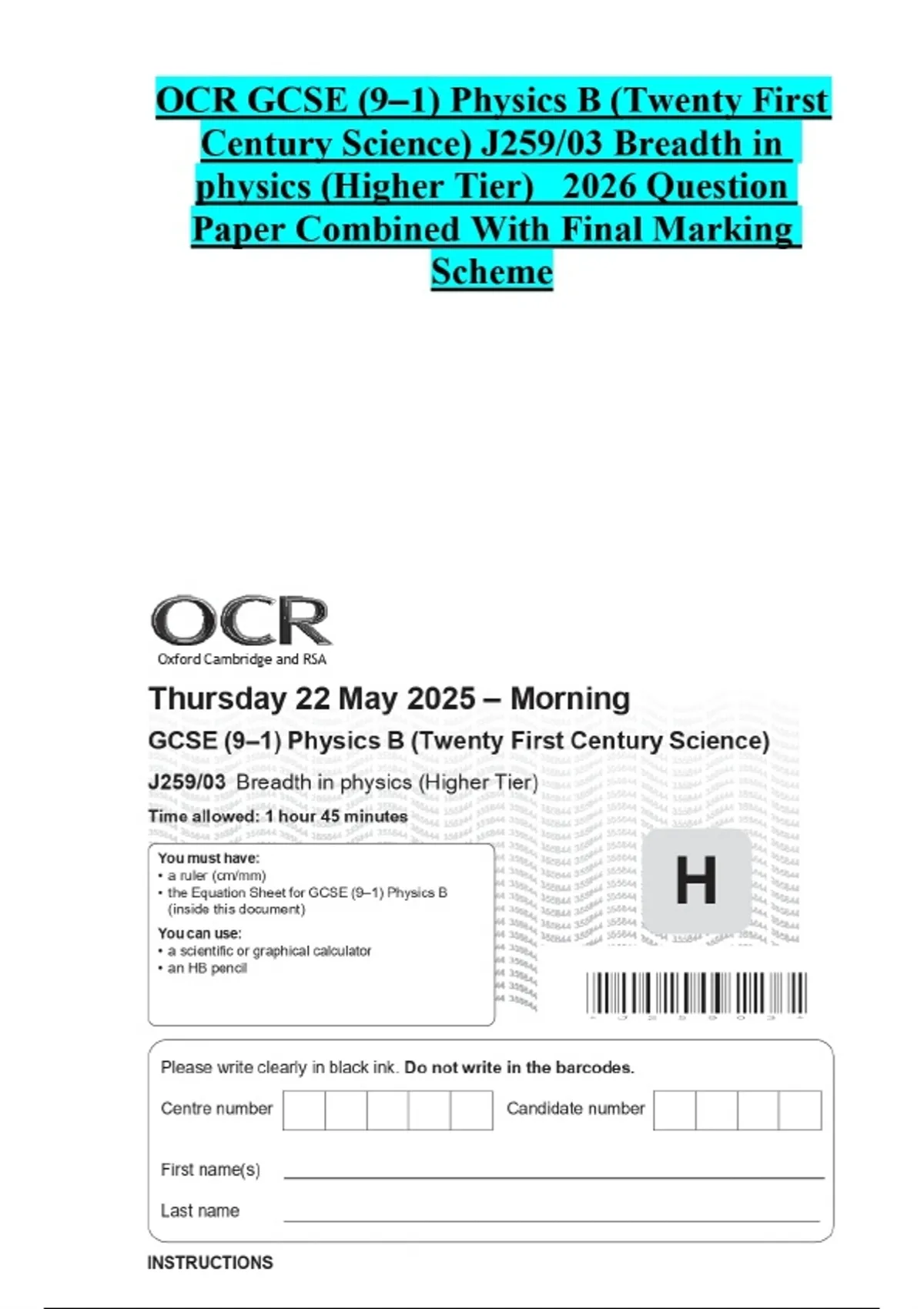OCR GCSE (9–1) Physics B (Twenty First Century Science) J259/03 Breadth ...