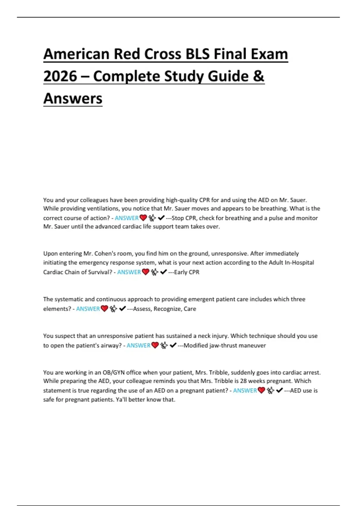 American Red Cross BLS Final Exam 2026 – Complete Study Guide & Answers ...