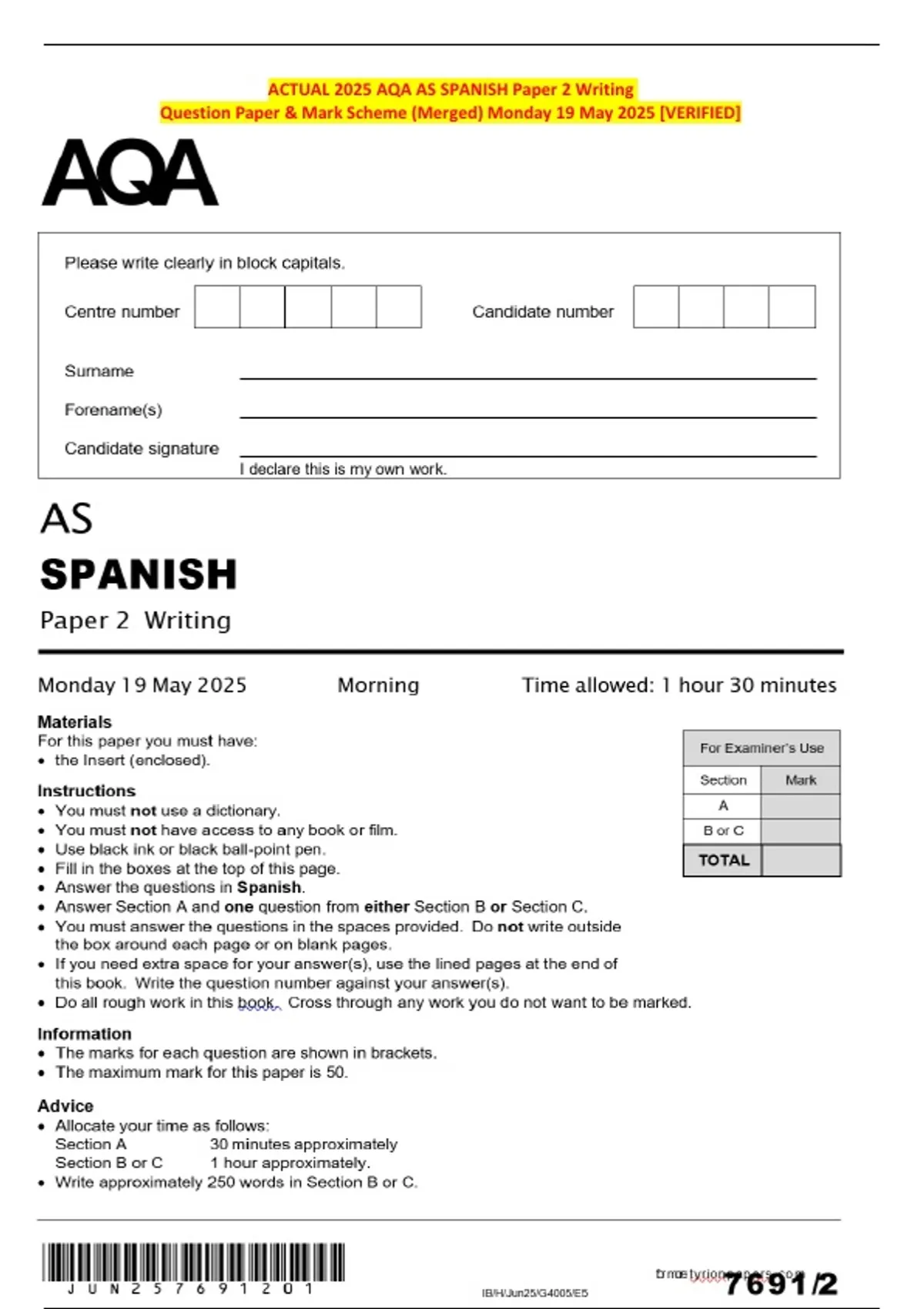 ACTUAL 2025 AQA AS SPANISH Paper 2 Writing Question Paper & Mark Scheme ...