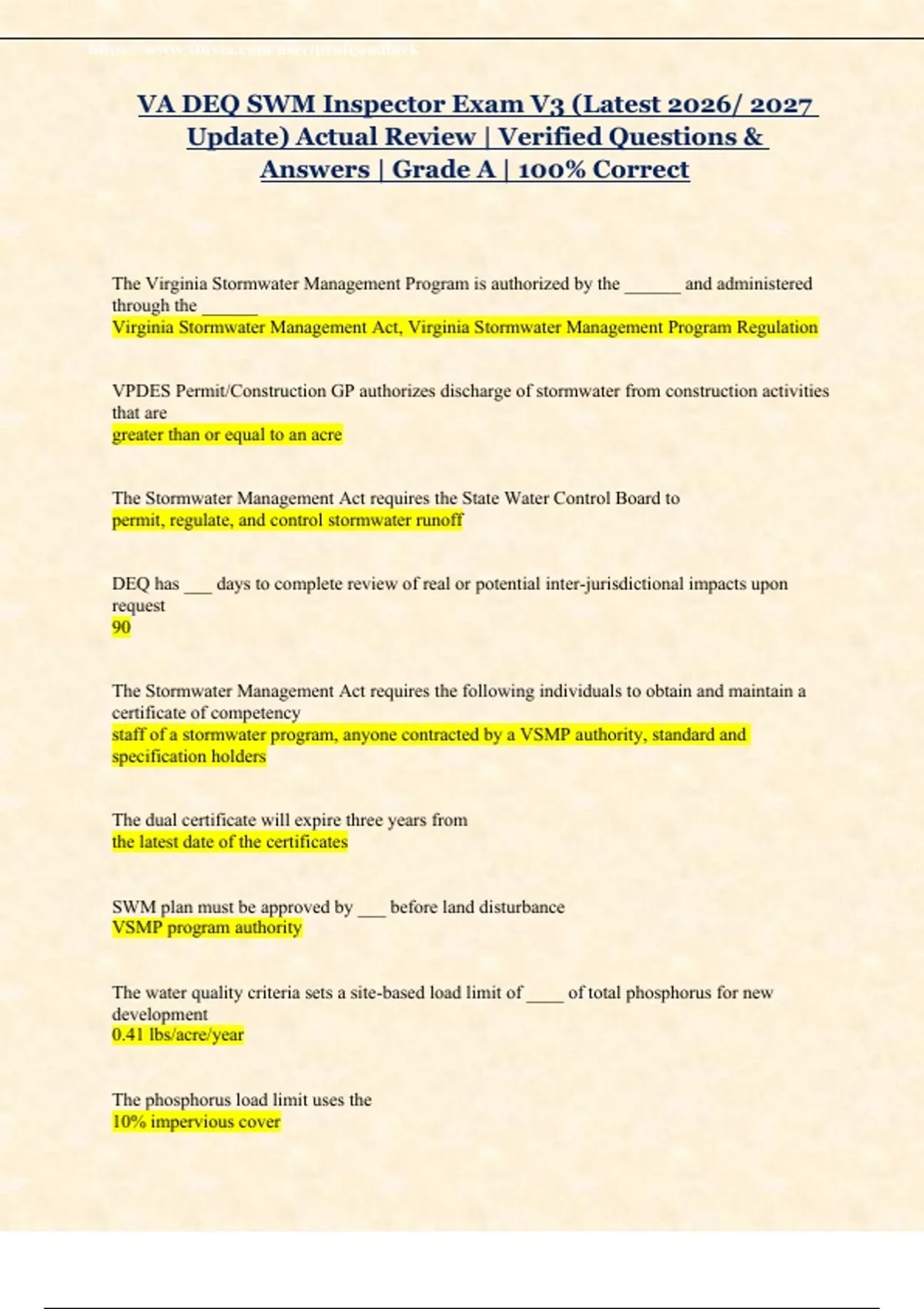 VA DEQ SWM Inspector Exam V3 (Latest 2026/ 2027 Update) Actual Review ...