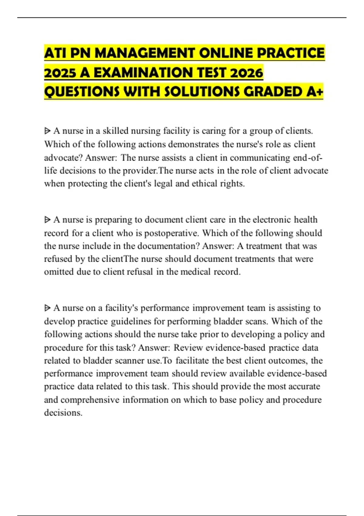 ATI PN MANAGEMENT ONLINE PRACTICE 2025 A EXAMINATION TEST 2026 ...