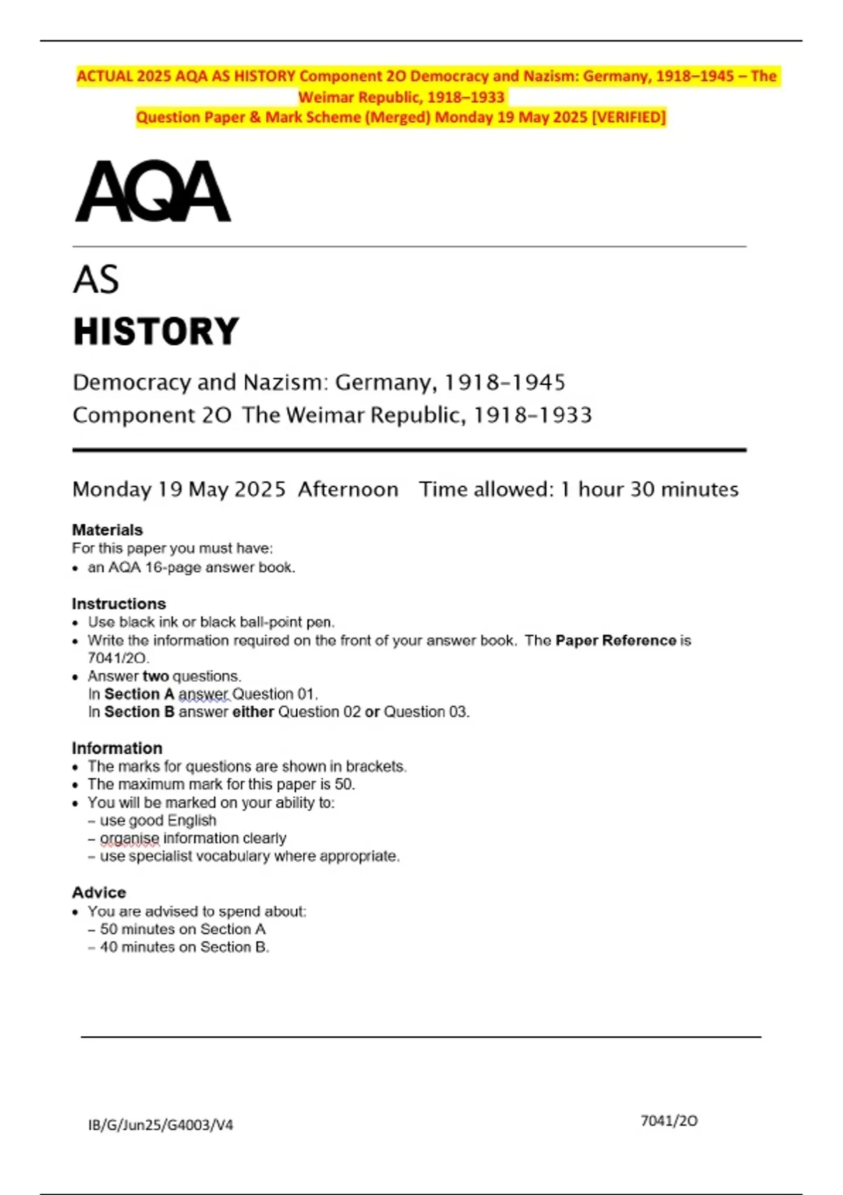 ACTUAL 2025 AQA AS HISTORY Component 2O Democracy and Nazism: Germany ...