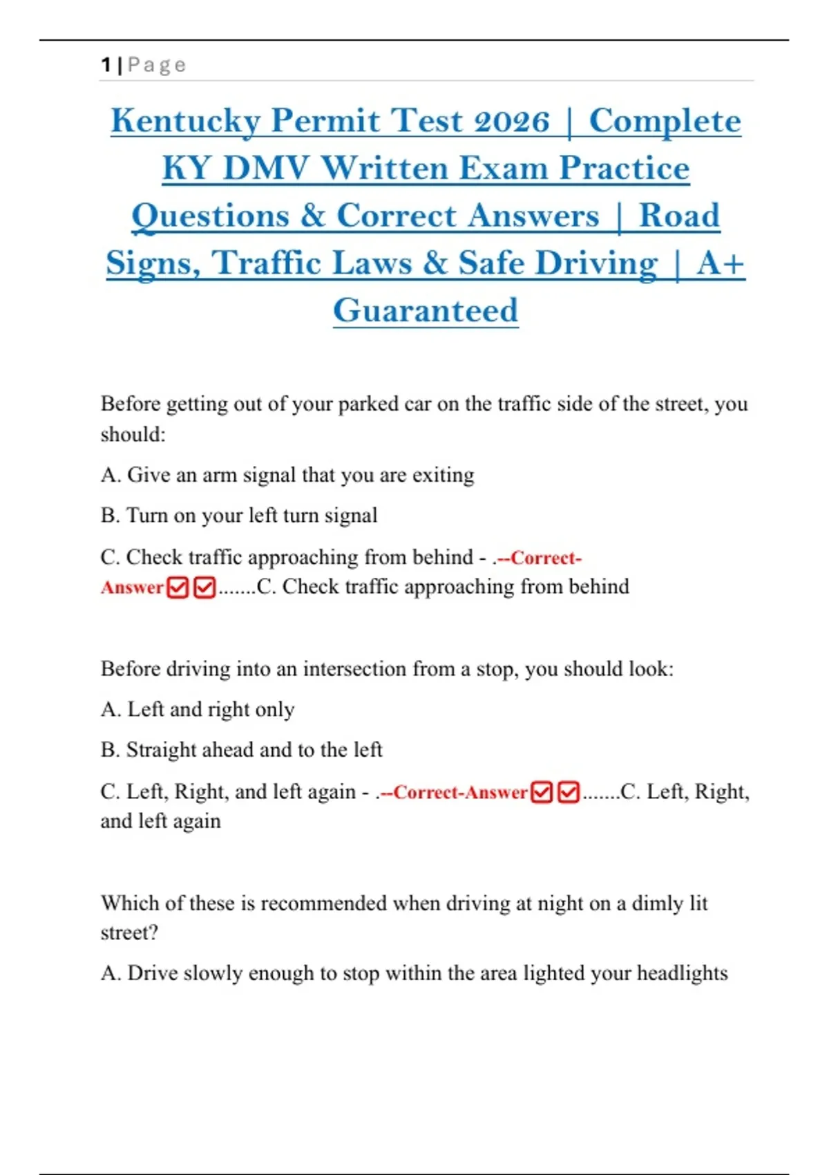 Kentucky Permit Test 2026 | Complete KY DMV Written Exam Practice ...