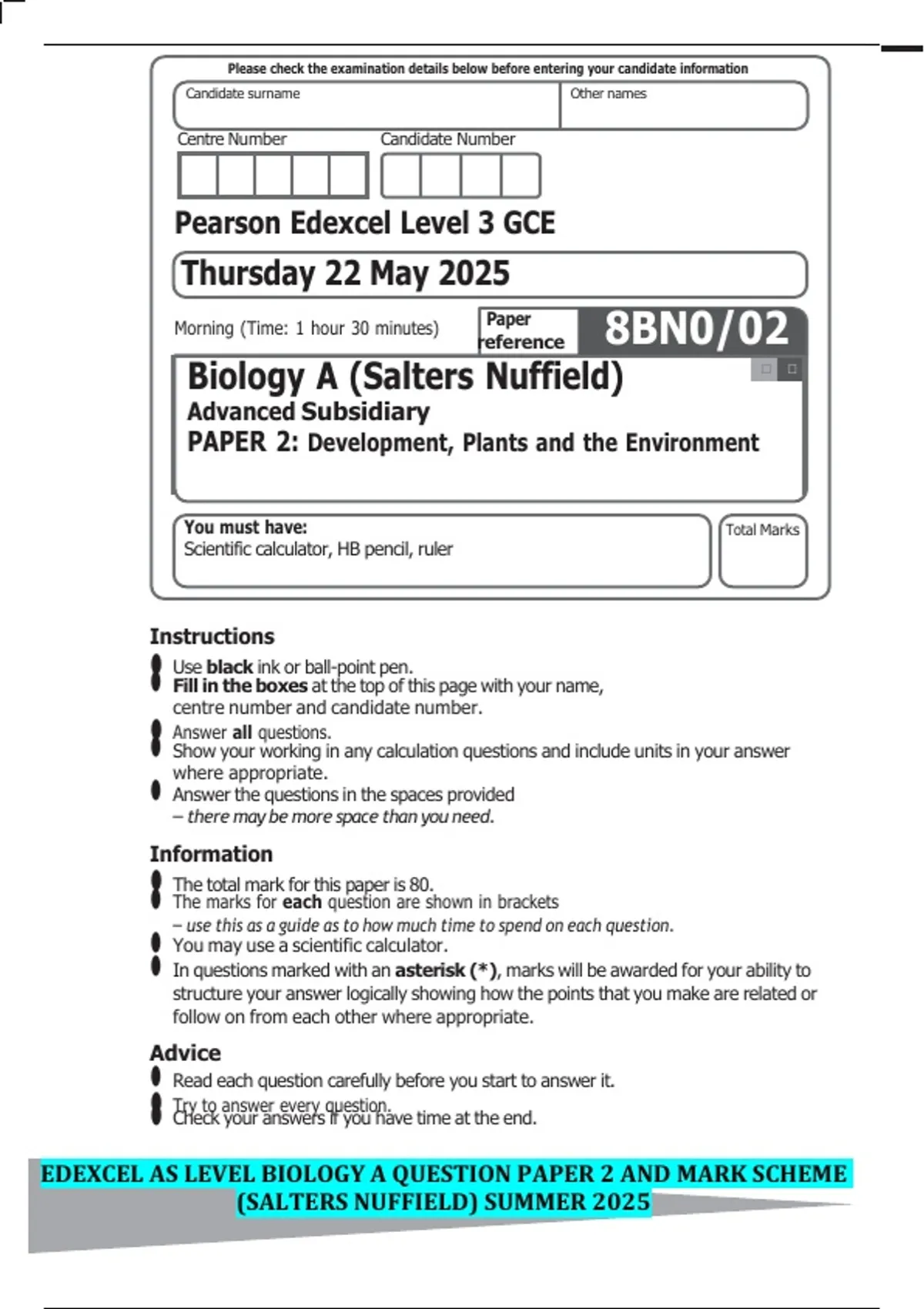 EDEXCEL AS LEVEL BIOLOGY A QUESTION PAPER 2 AND MARK SCHEME (SALTERS ...