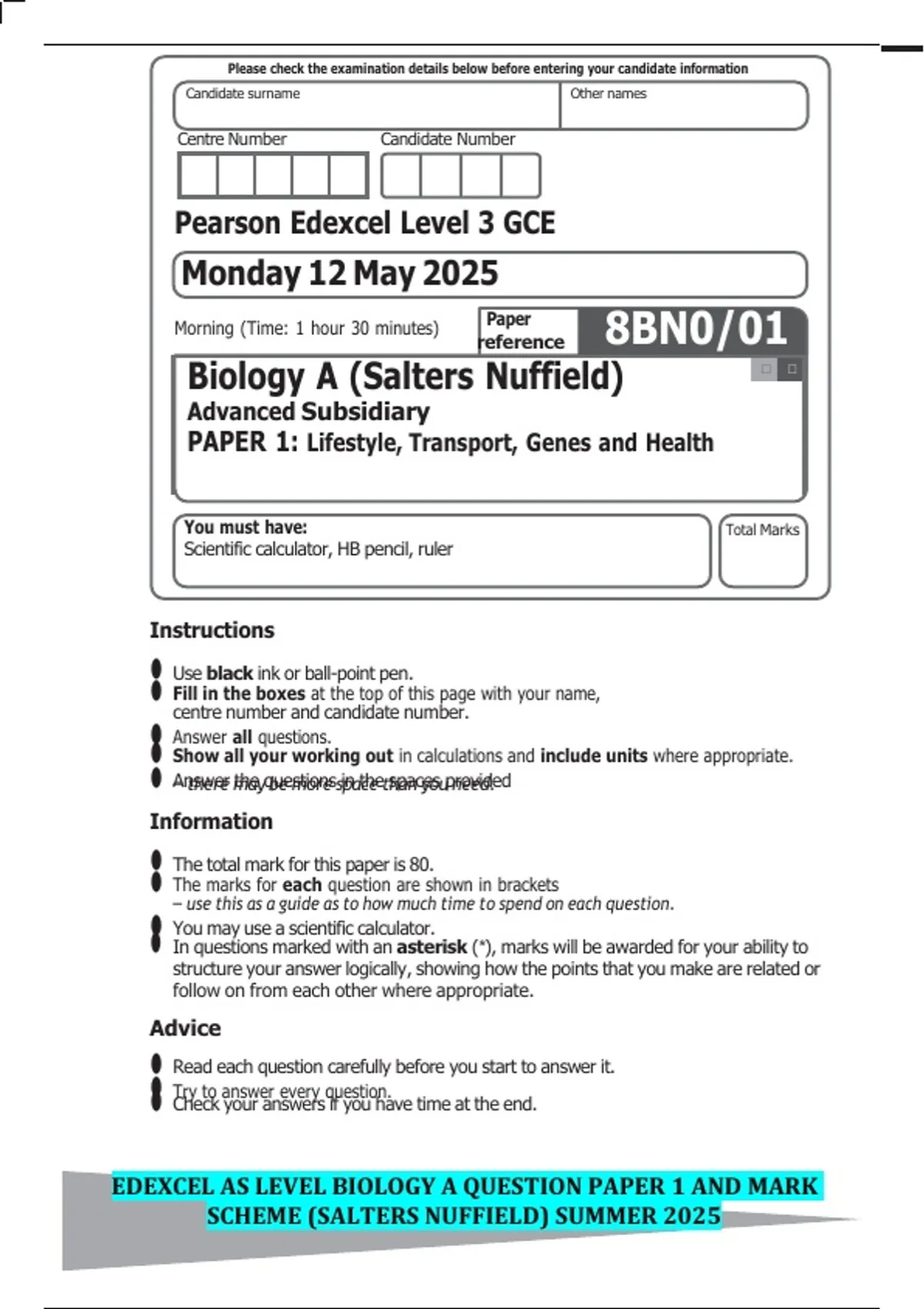 EDEXCEL AS LEVEL BIOLOGY A (8BN0/01) QUESTION PAPER 1 AND MARK SCHEME ...