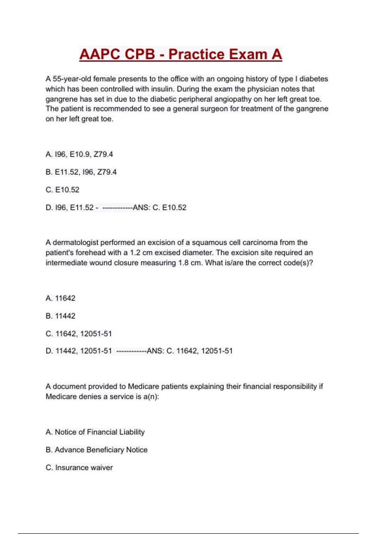 AAPC CPB - Practice Exam A Questions and correct Answers (100% VERIFIED ...