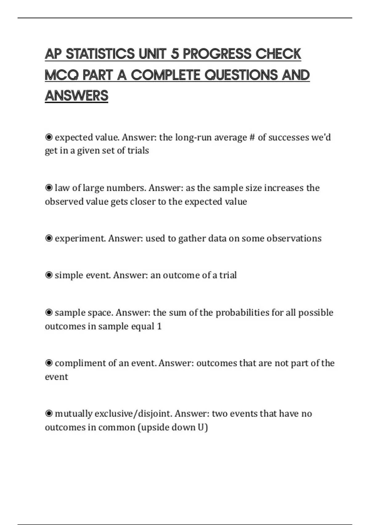 AP STATISTICS UNIT 5 PROGRESS CHECK MCQ PART A COMPLETE QUESTIONS AND ...