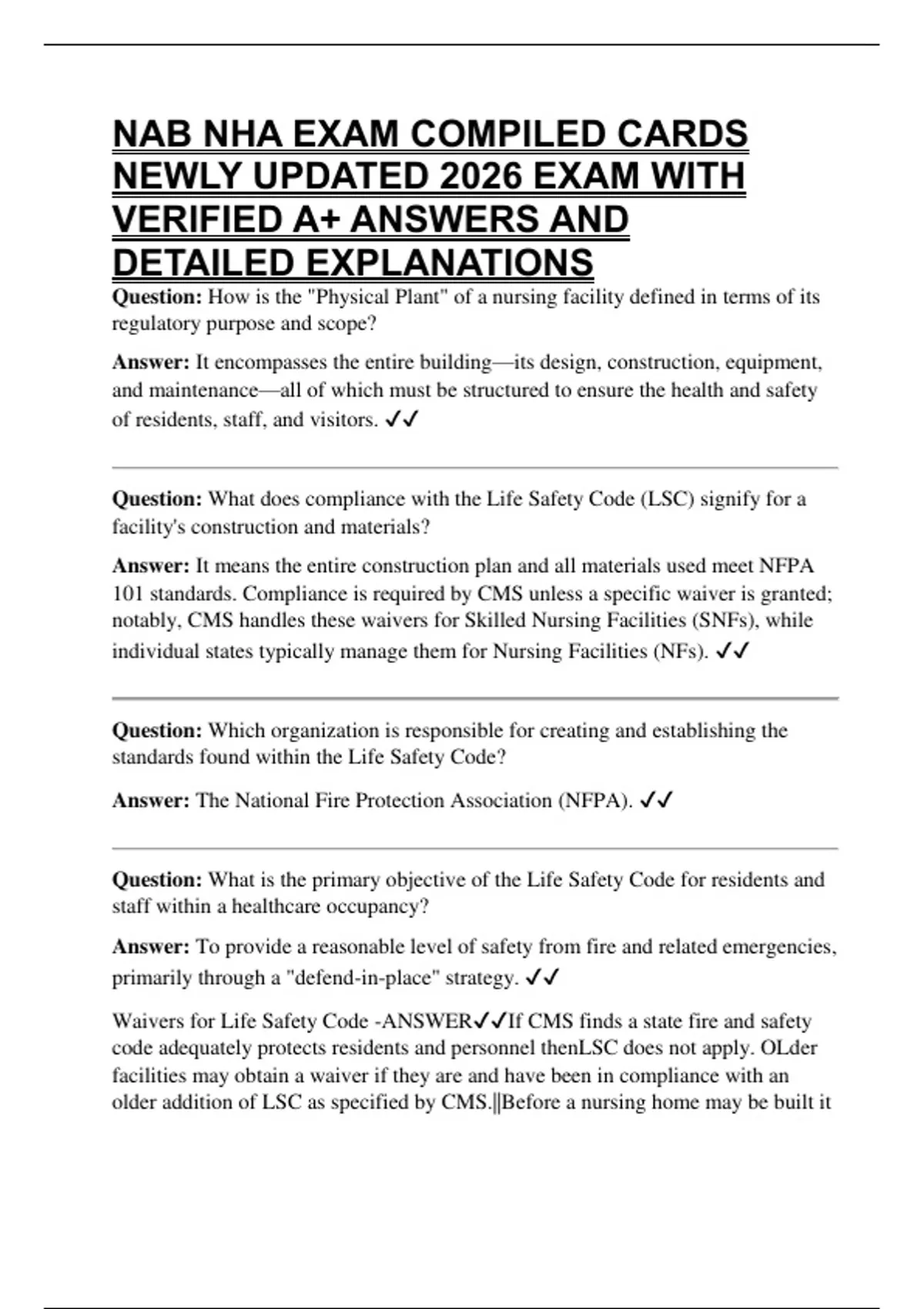 NAB NHA EXAM COMPILED CARDS NEWLY UPDATED 2026 EXAM WITH VERIFIED A+ ...