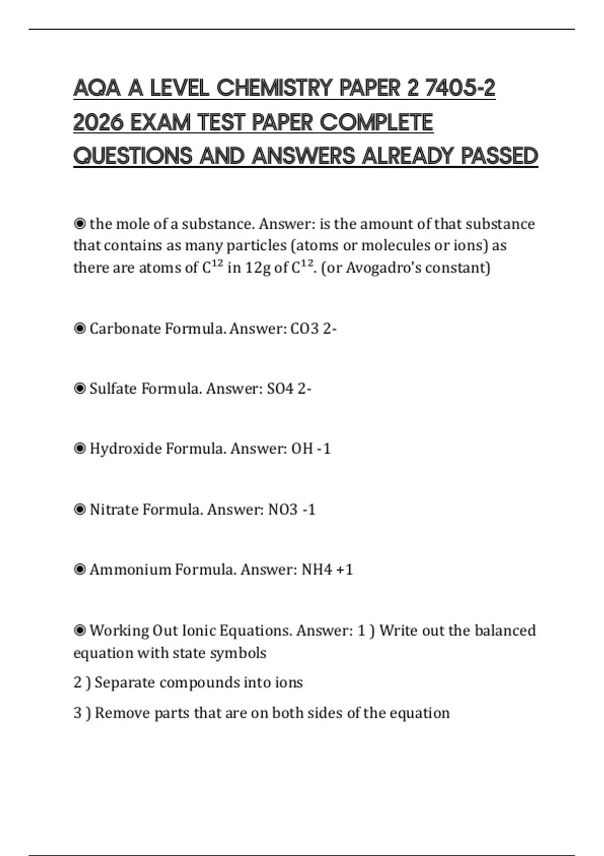 AQA A LEVEL CHEMISTRY PAPER EXAM TEST PAPER COMPLETE QUESTIONS AND ...