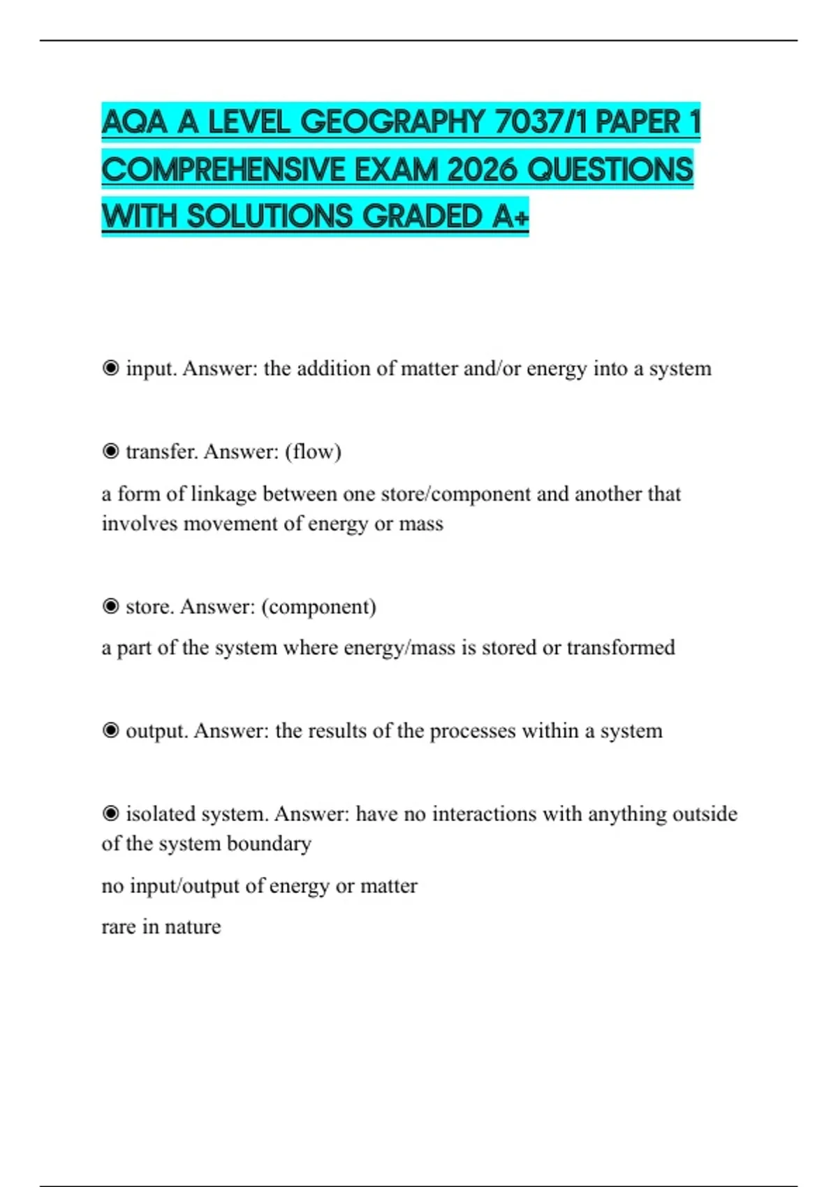 AQA A LEVEL GEOGRAPHY 7037/1 PAPER 1 COMPREHENSIVE EXAM 2026 QUESTIONS ...