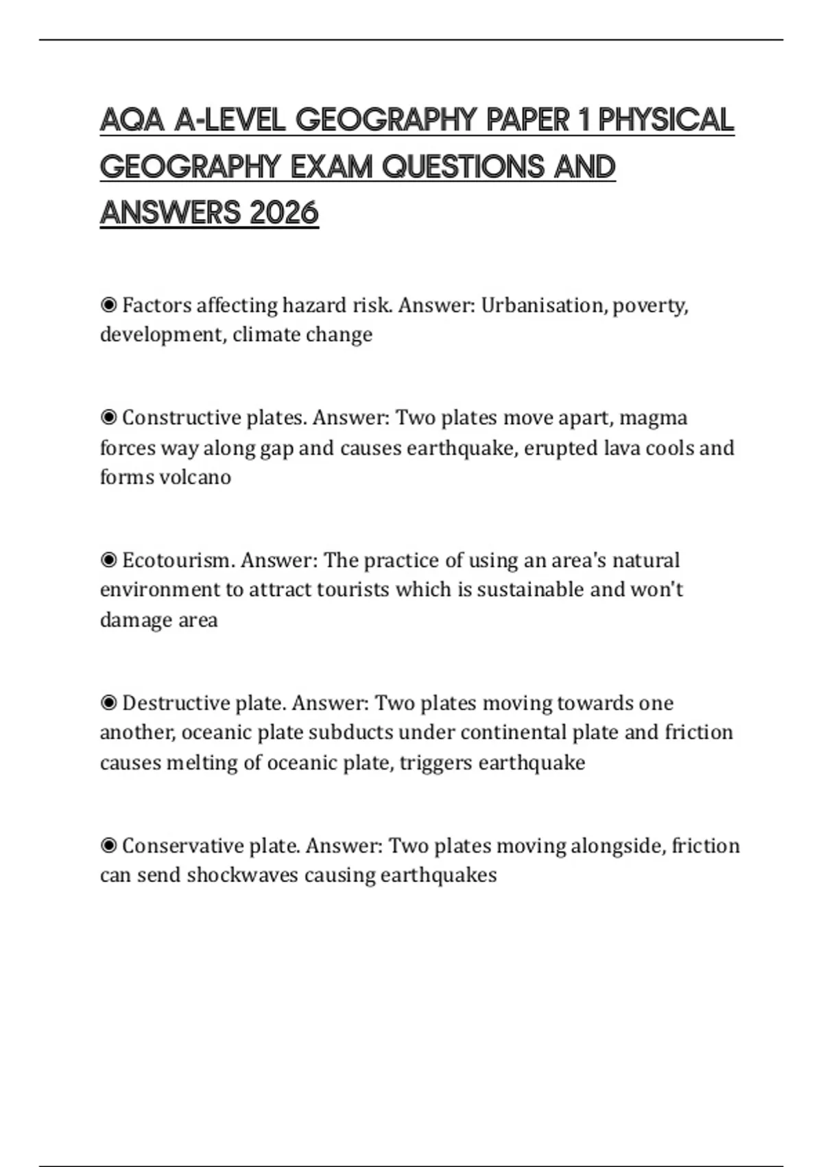 AQA A-LEVEL GEOGRAPHY PAPER 1 PHYSICAL GEOGRAPHY EXAM QUESTIONS AND ...